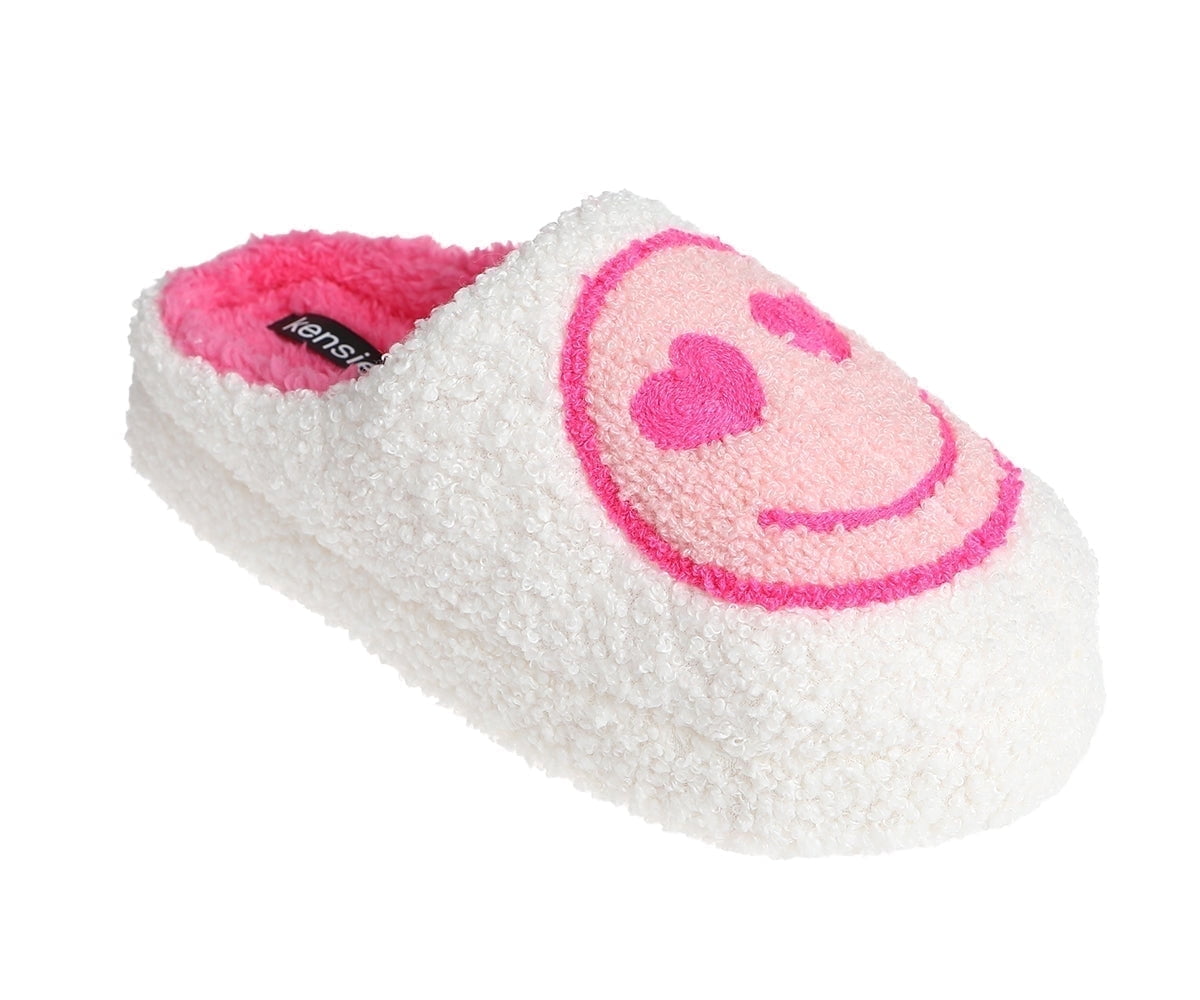 Kensie Women's Fuzzy Smiley Face Slipper, Comfy Indoor Outdoor Closed ...