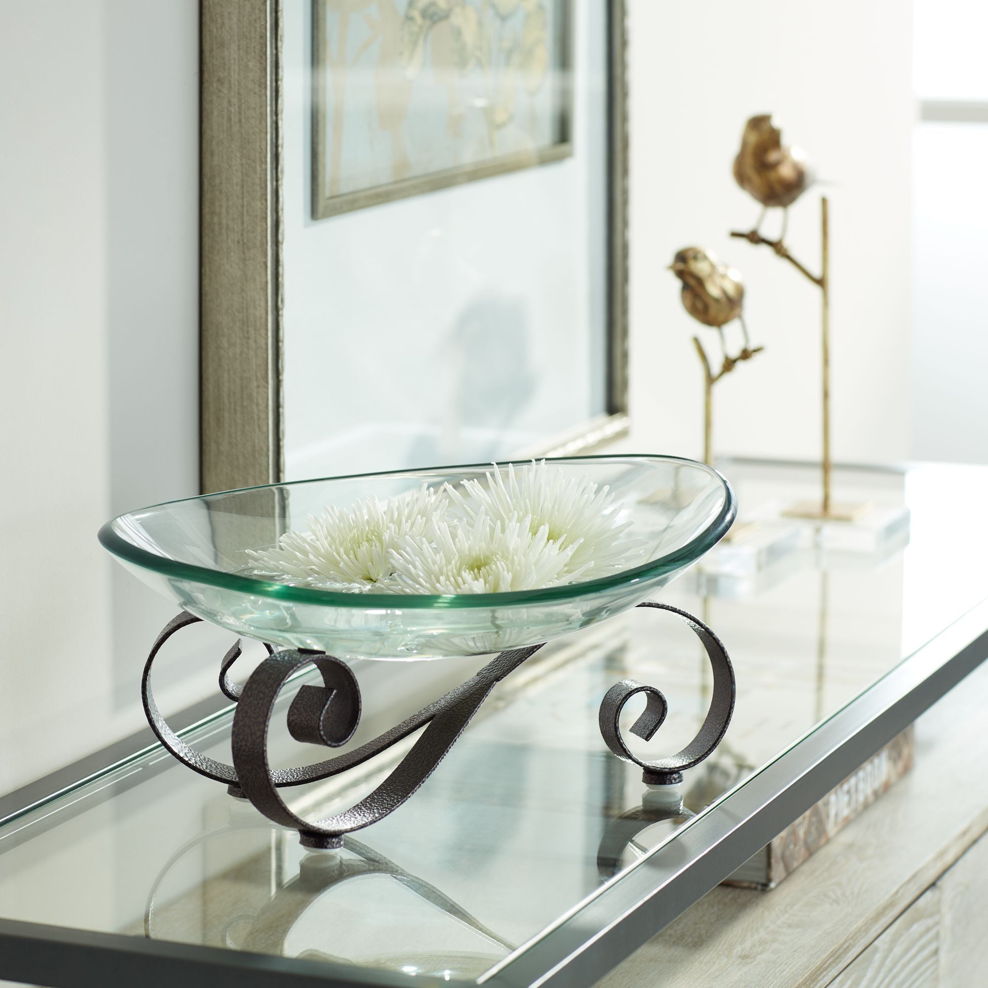 Kensington Hill Iron Scroll Decorative Stand, Oval Glass Bowl, Textured ...