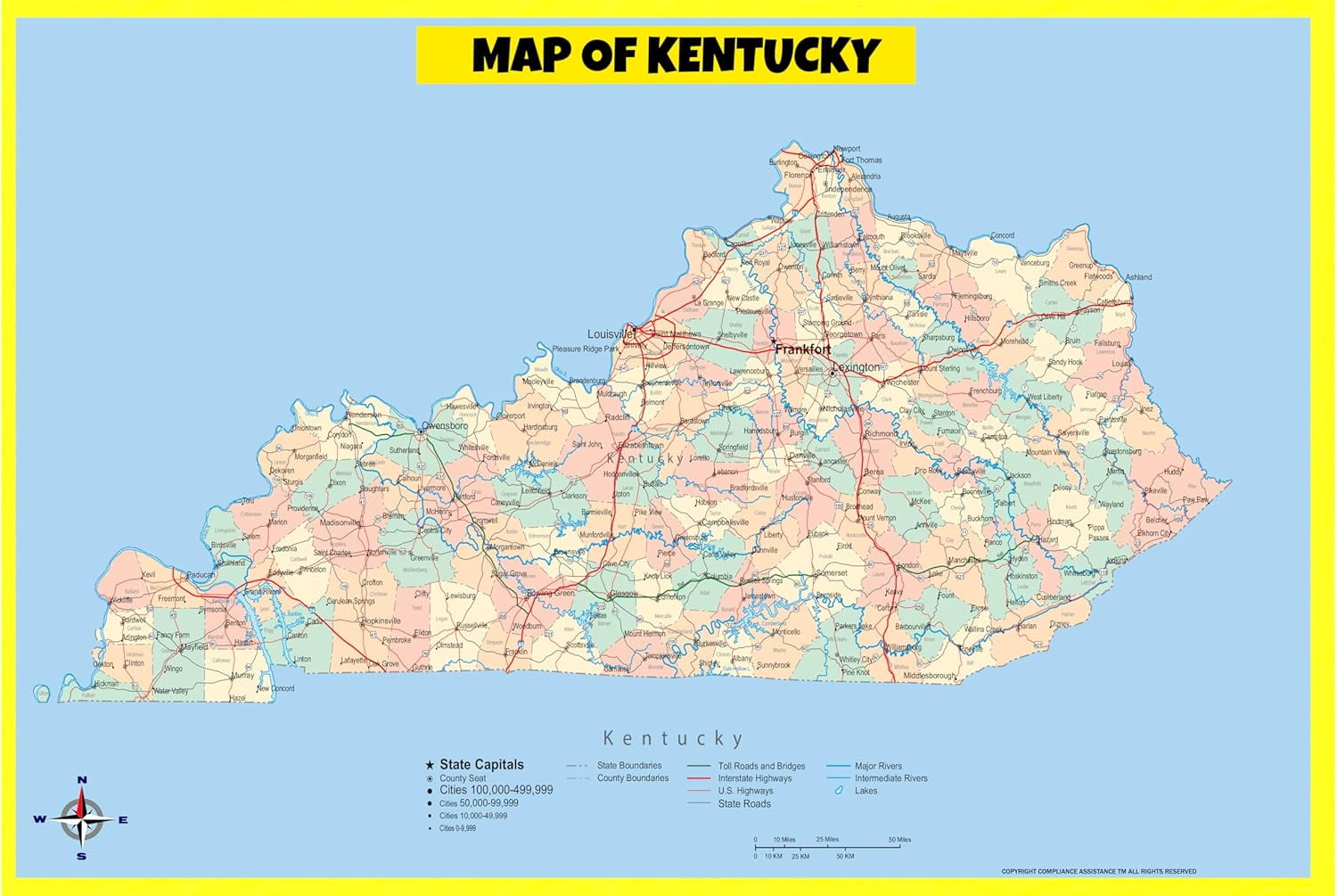 Kentucky Map Poster - Laminated Wall Map - Style A - 36x60 - Ideal for ...