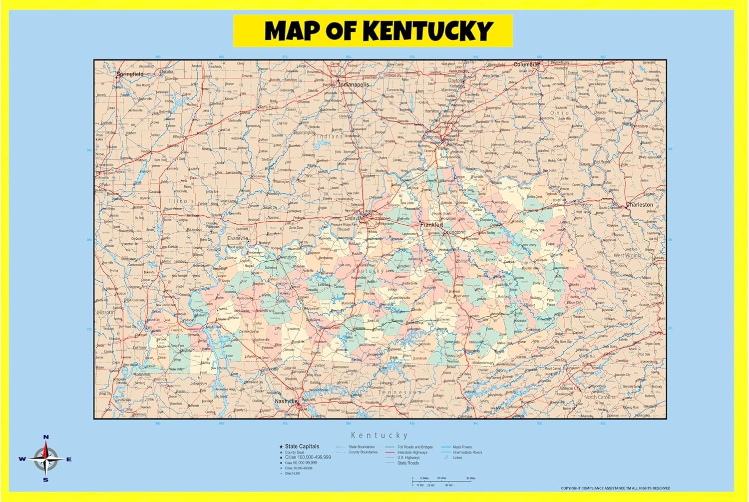Kentucky Map Poster - Laminated Wall Map - Style C - 36x60 - Ideal for ...