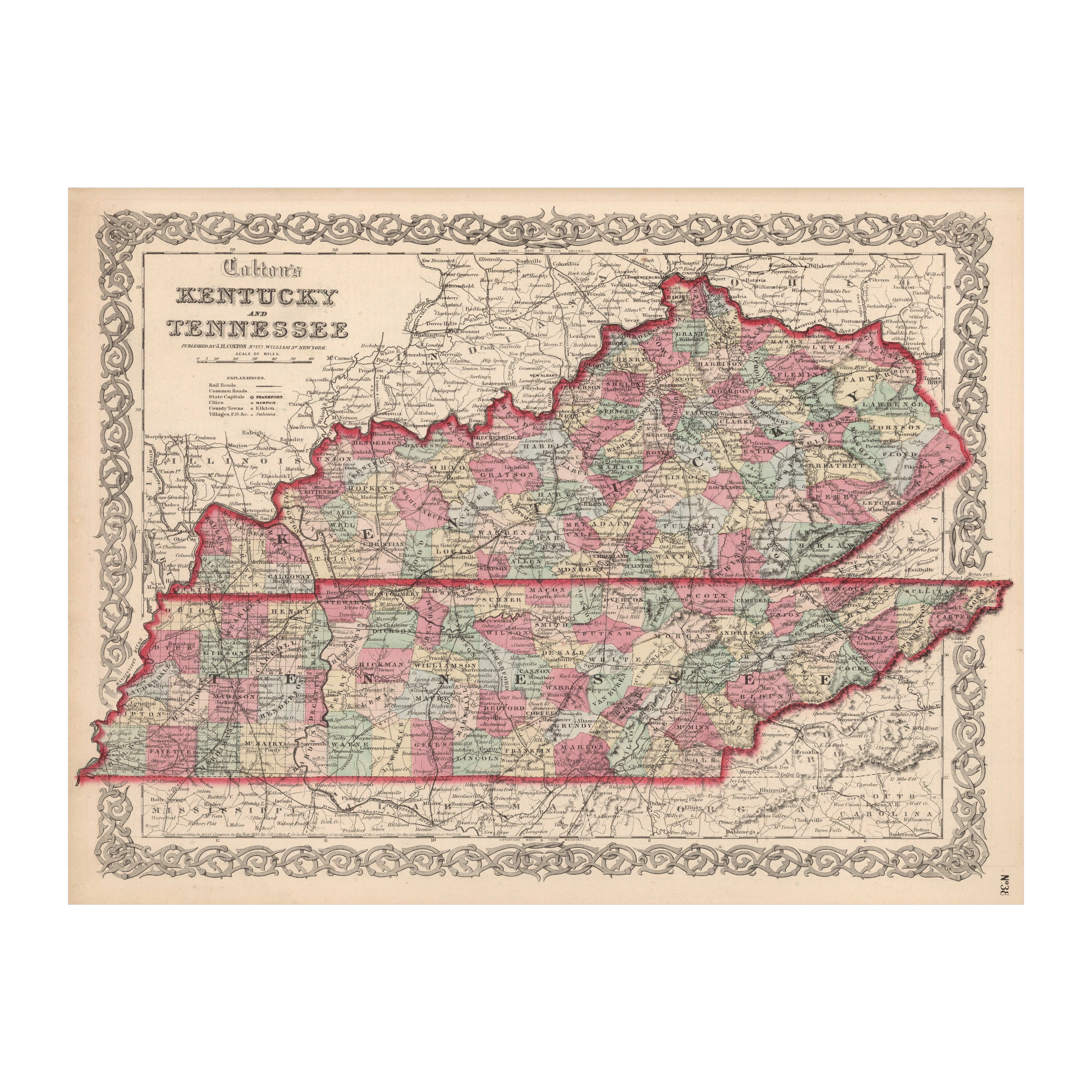 Kentucky, Tennessee Art, 1861 Vintage Map of Kentucky, Tennessee ...