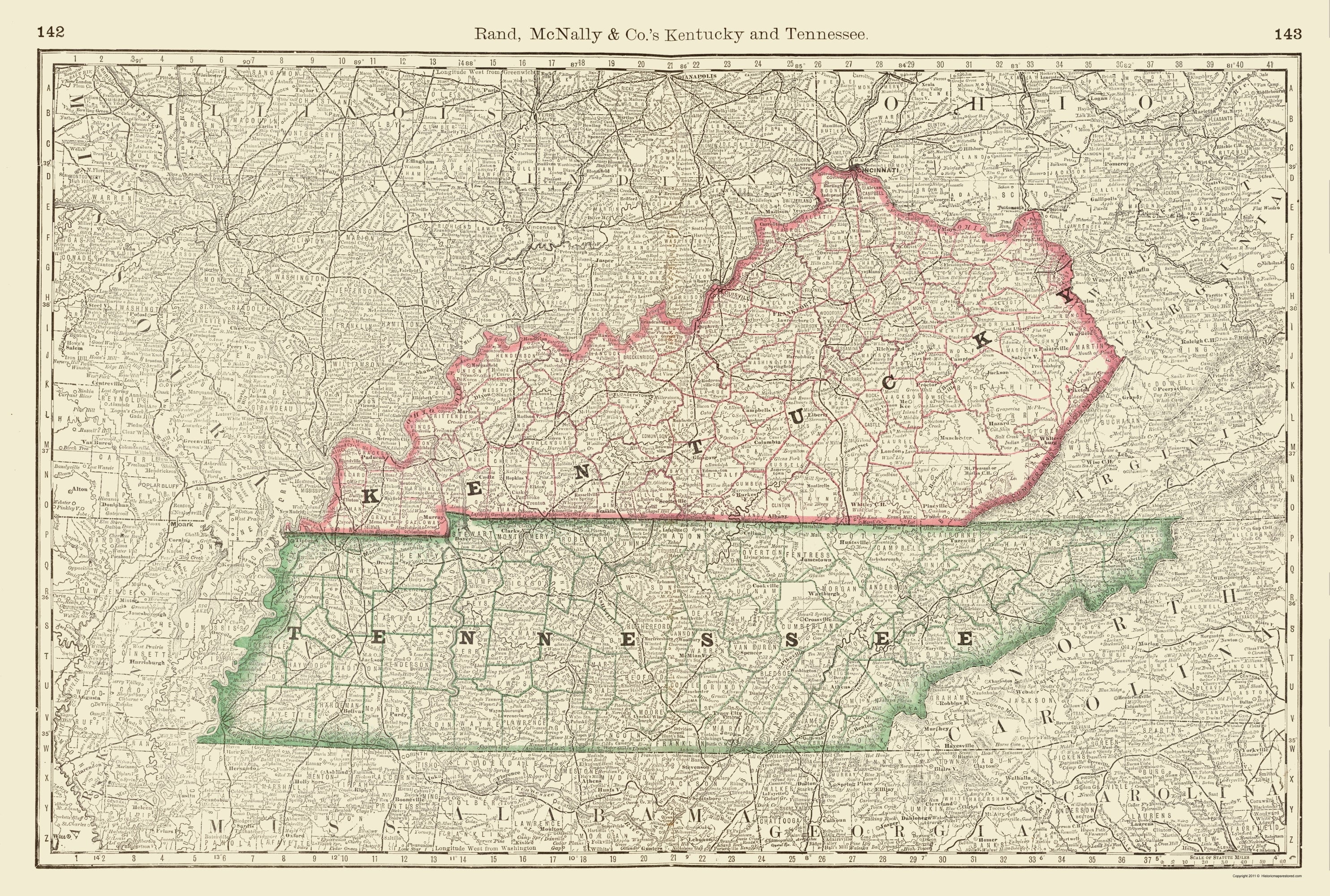 Historic State Map - Kentucky Tennessee - Rand McNally 1879 - 23 x 34. ...
