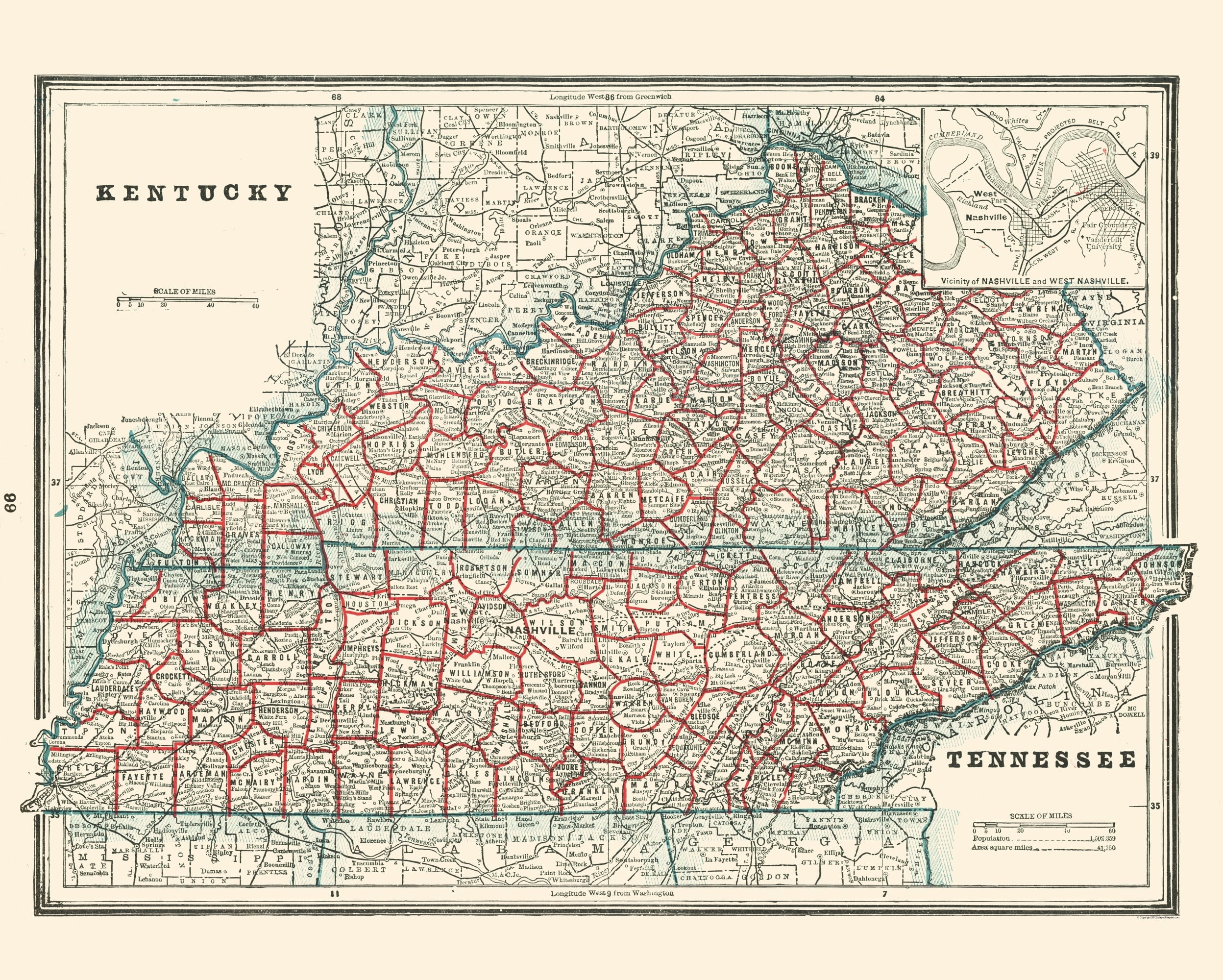Historic State Map - Kentucky Tennessee - Rathbun 1893 - 23 x 28.70 ...