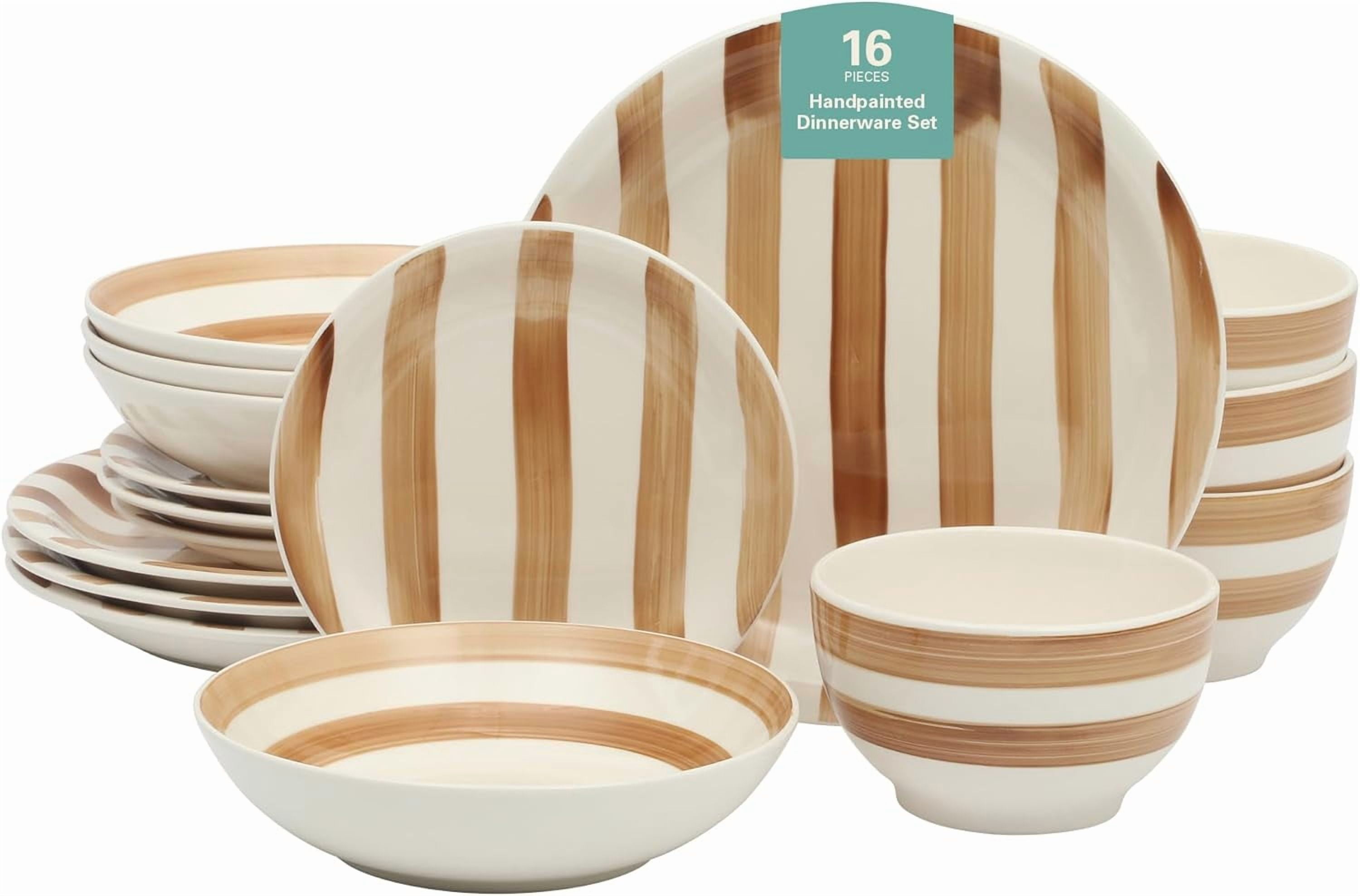 Kenwood Shores 16 Piece Dinnerware Set, Brown Striped, Stoneware, Hand ...