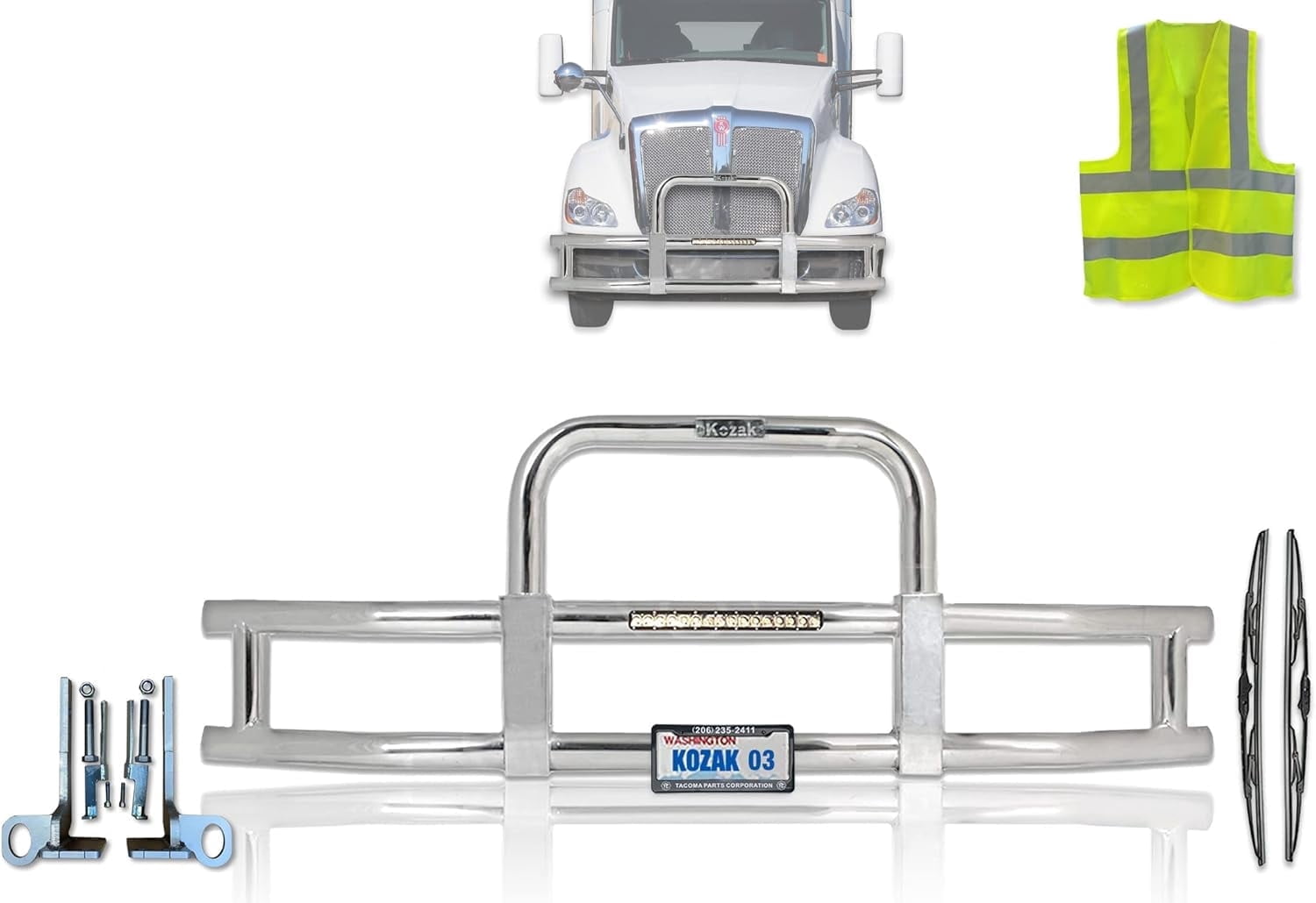 KOZAK Kenworth T680 Bumper Guard with 16'' LED Bar, Stainless Steel ...