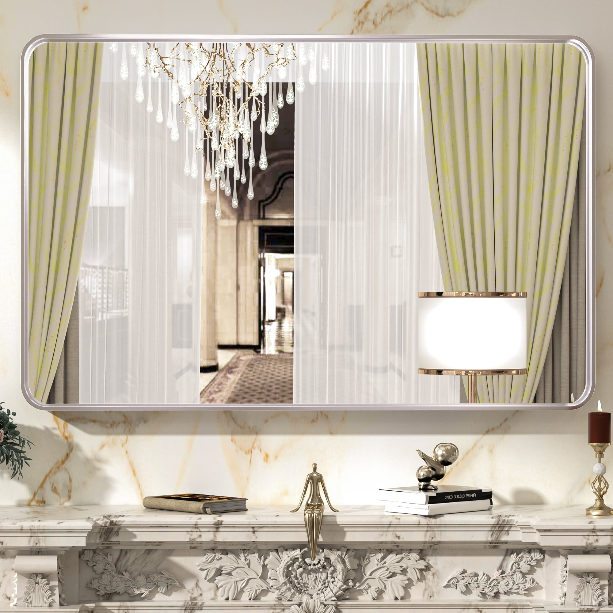 Keonjinn 40 x 30 inch Brushed Nickel Vanity Mirror, Rectangle Silver ...