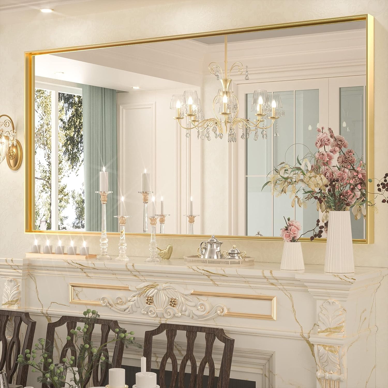 Keonjinn 72 x 36 Brass Gold Vanity Mirror Brushed Rectangular Wall Mounted Mirror Large Metal Framed Mirror for Bathroom Horizontal Vertical