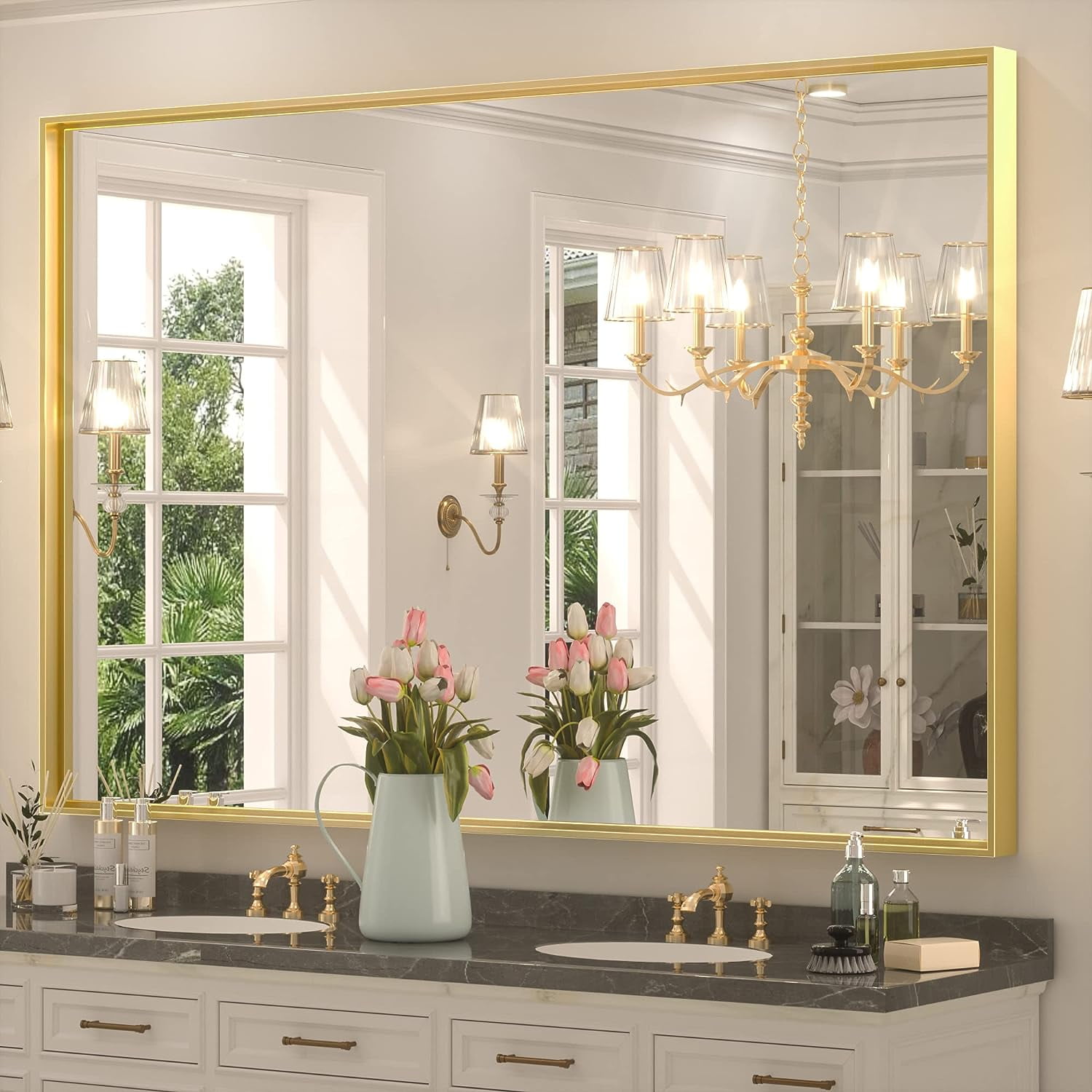 Keonjinn Brushed Gold Bathroom Mirror 55 x 36 inch Rectangle Large ...