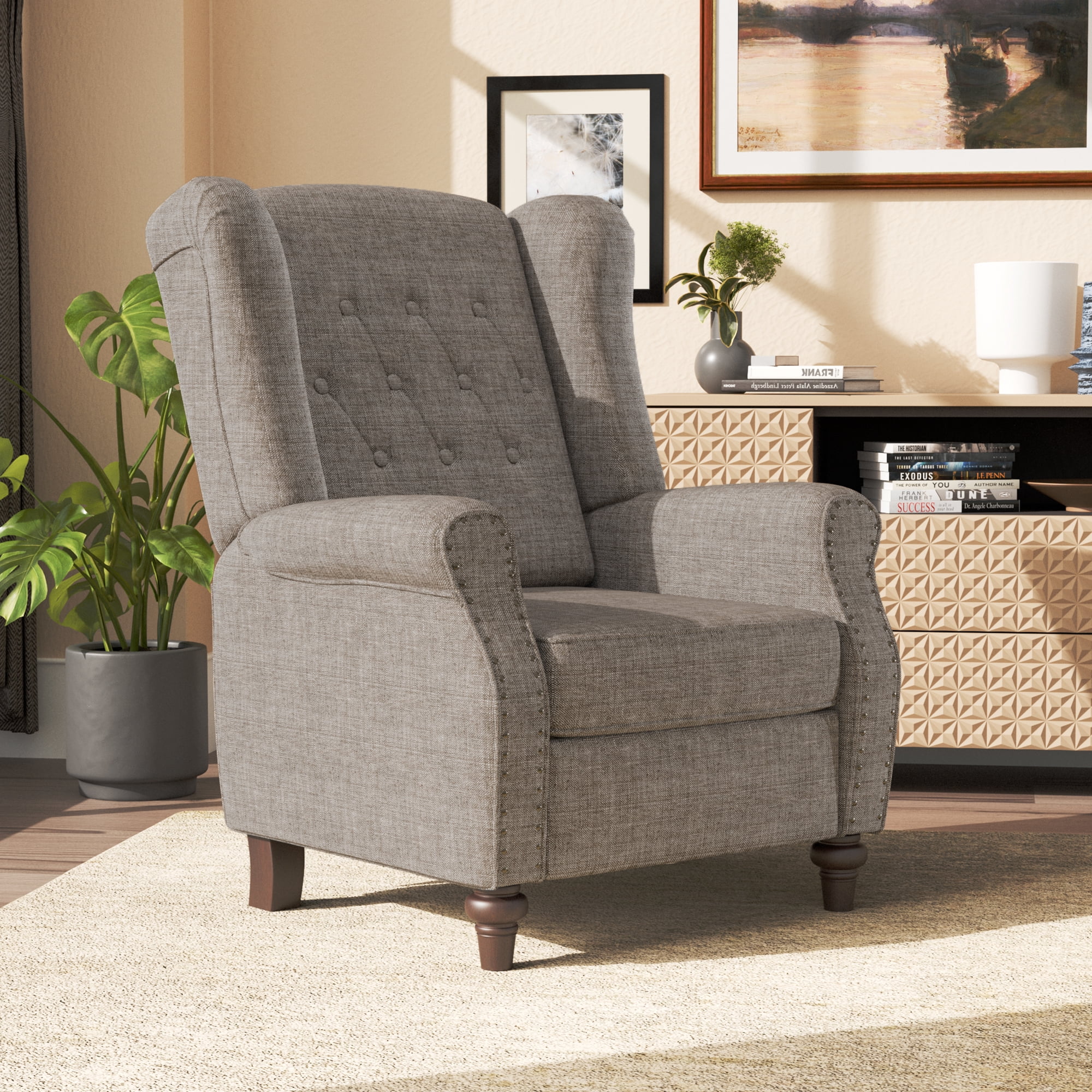 Kepane Vintage Khaki Recliner Chair, Manual Adjustable Wingback Sofa ...