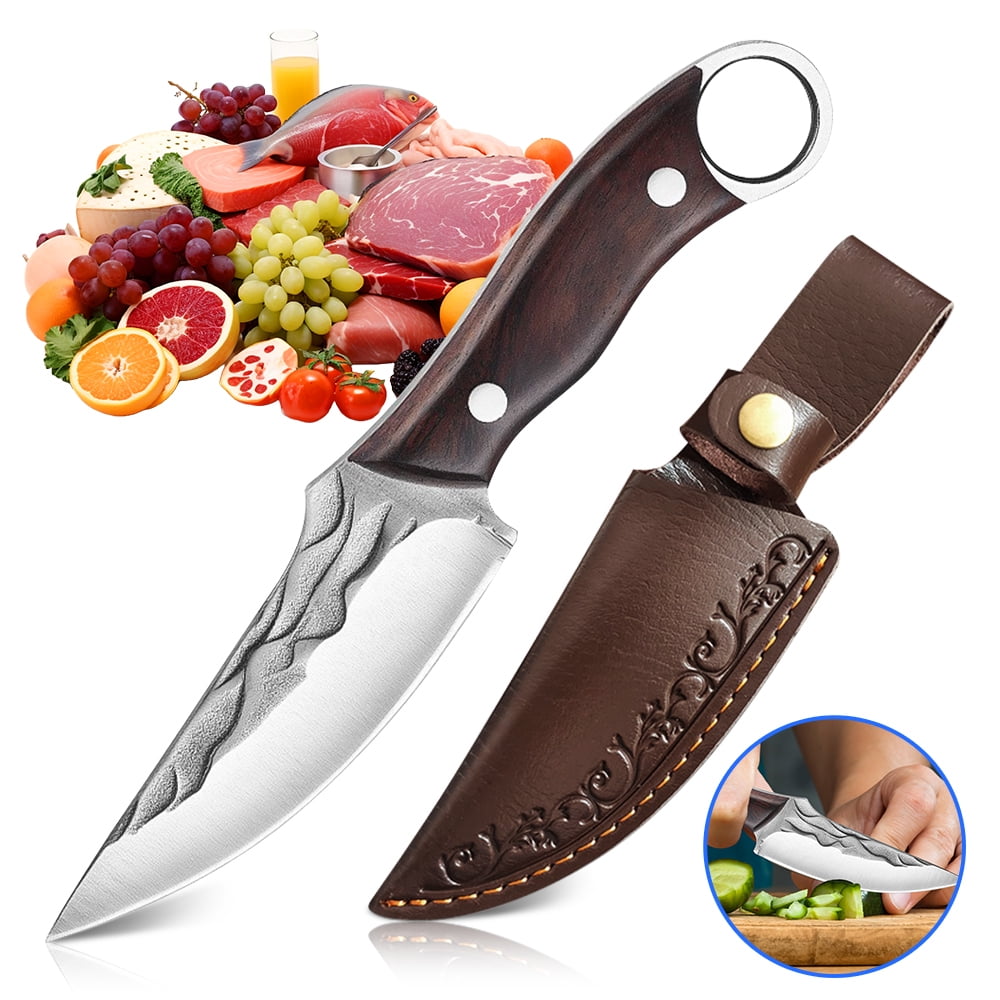 Kepeak Full Tang Fixed Blade Outdoor Knife with Wooden Handle & Leather ...