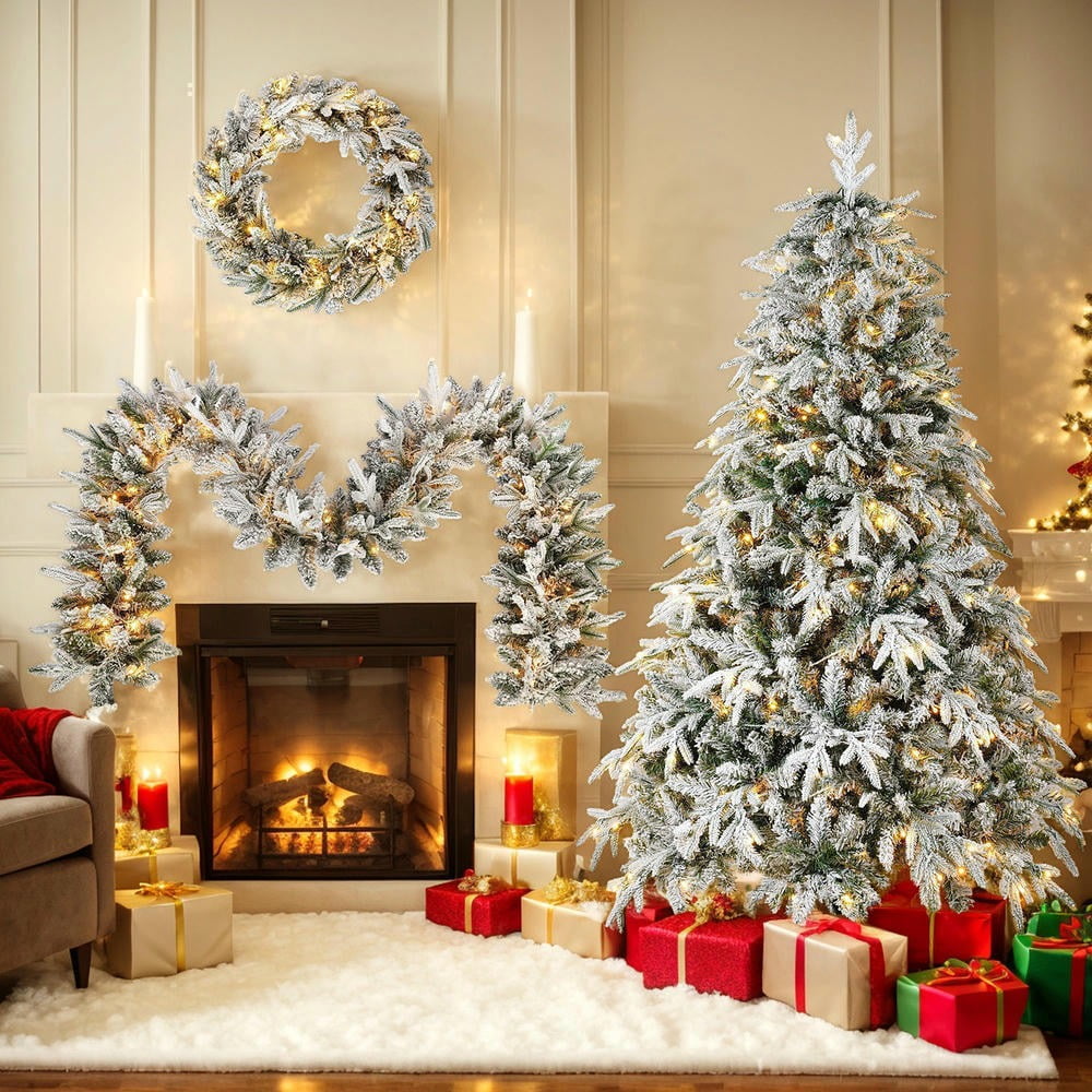 Kepooman 3 Pac Christmas Tree with 9ft Flocked Garland, Wreath and 6ft ...
