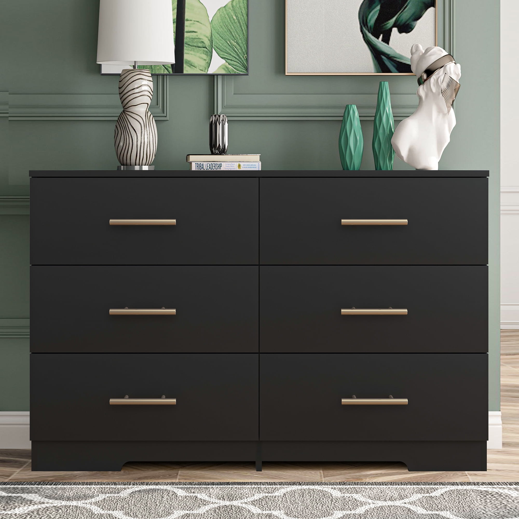 Kepooman 6 Drawer Double Dresser, Black Chest of Drawer with Golden ...