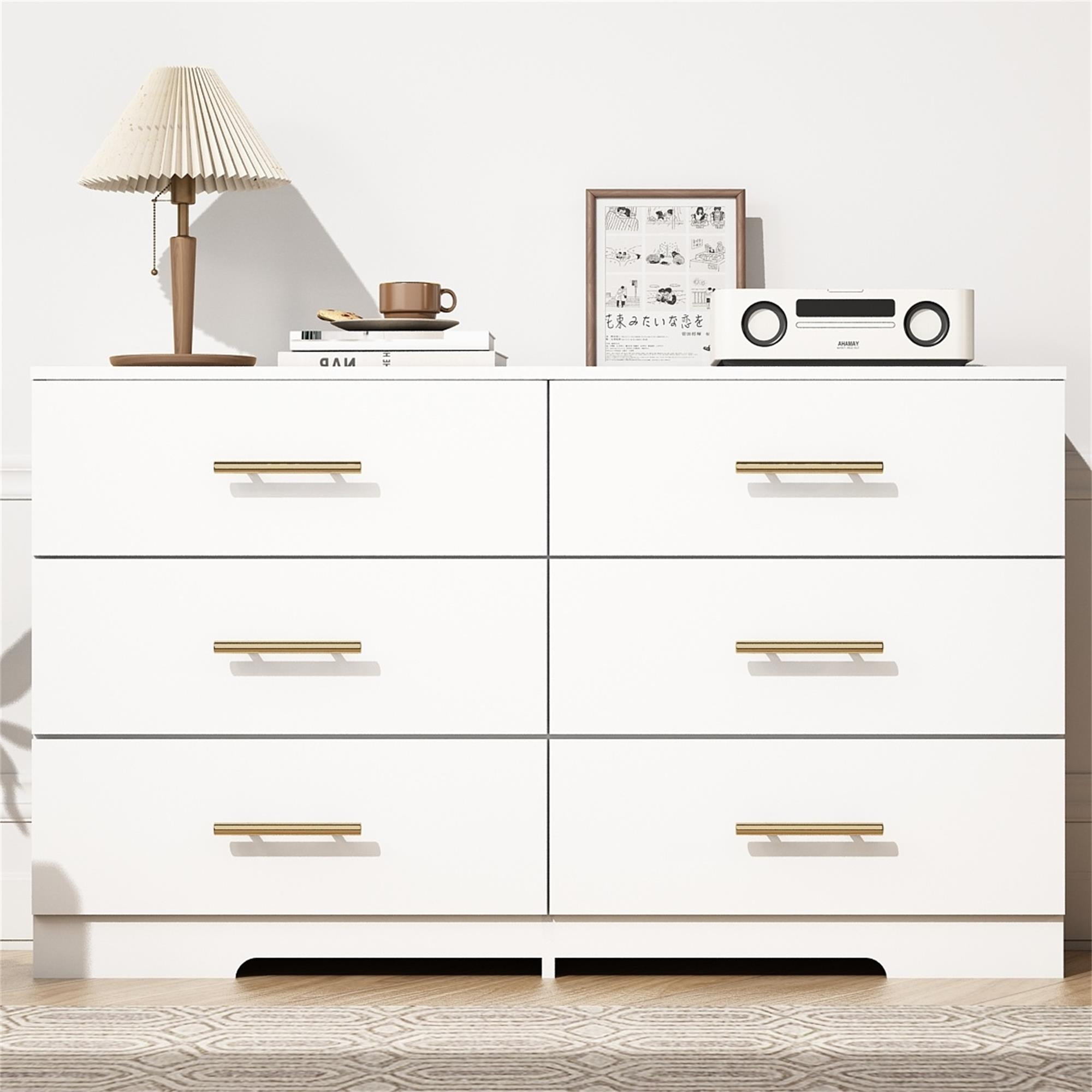 Kepooman 6-Drawer Double Dresser with Golden Handles, 47.25" White ...