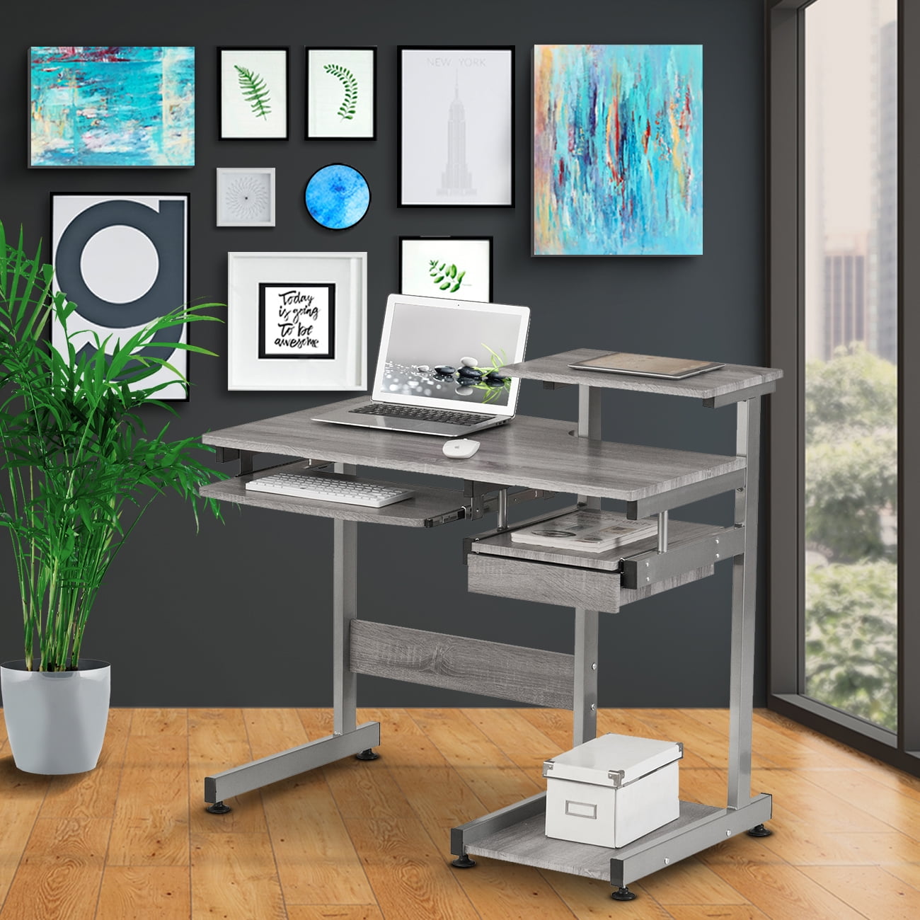 Kepooman Home Office Computer Desk with Printer Shelf and Keyboard Tray ...