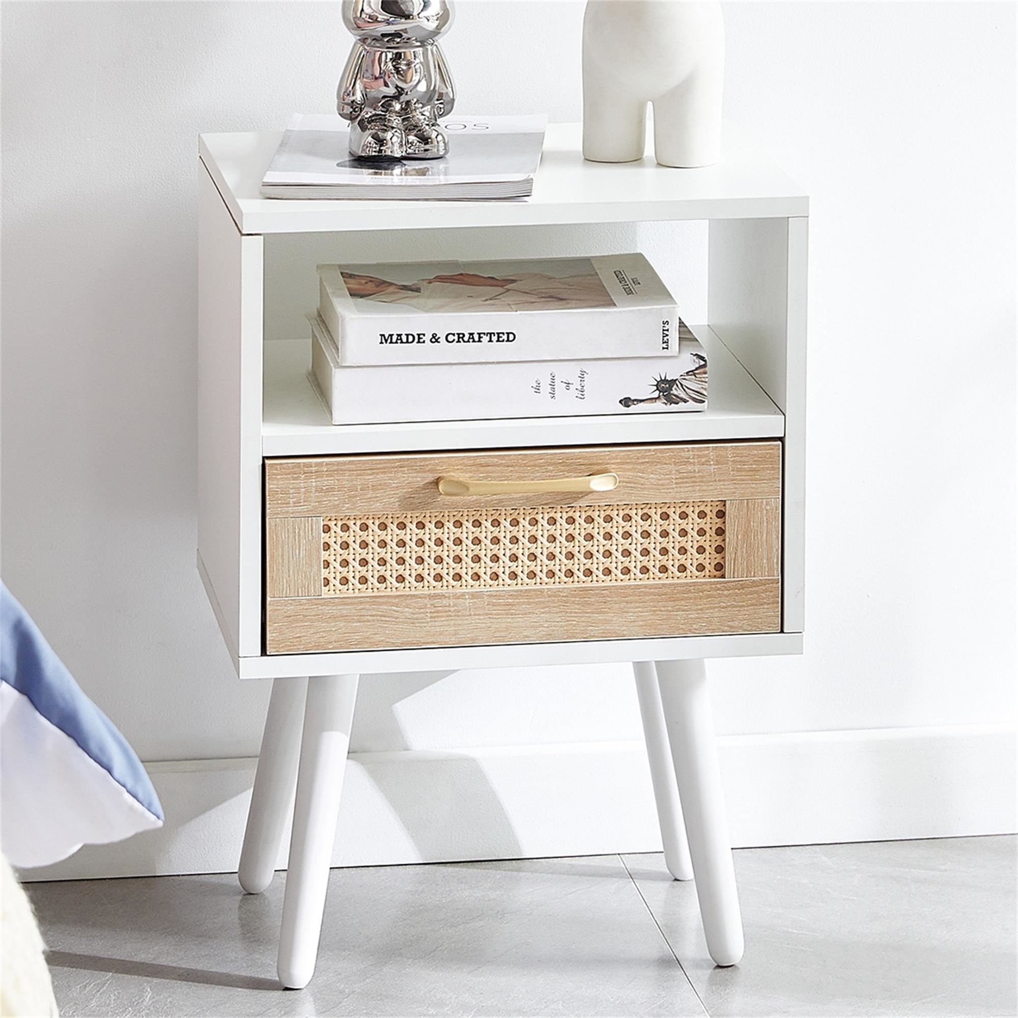 Kepooman White Rattan Nightstand, 15.75 Kepooman White Rattan Nightstand, 15.75