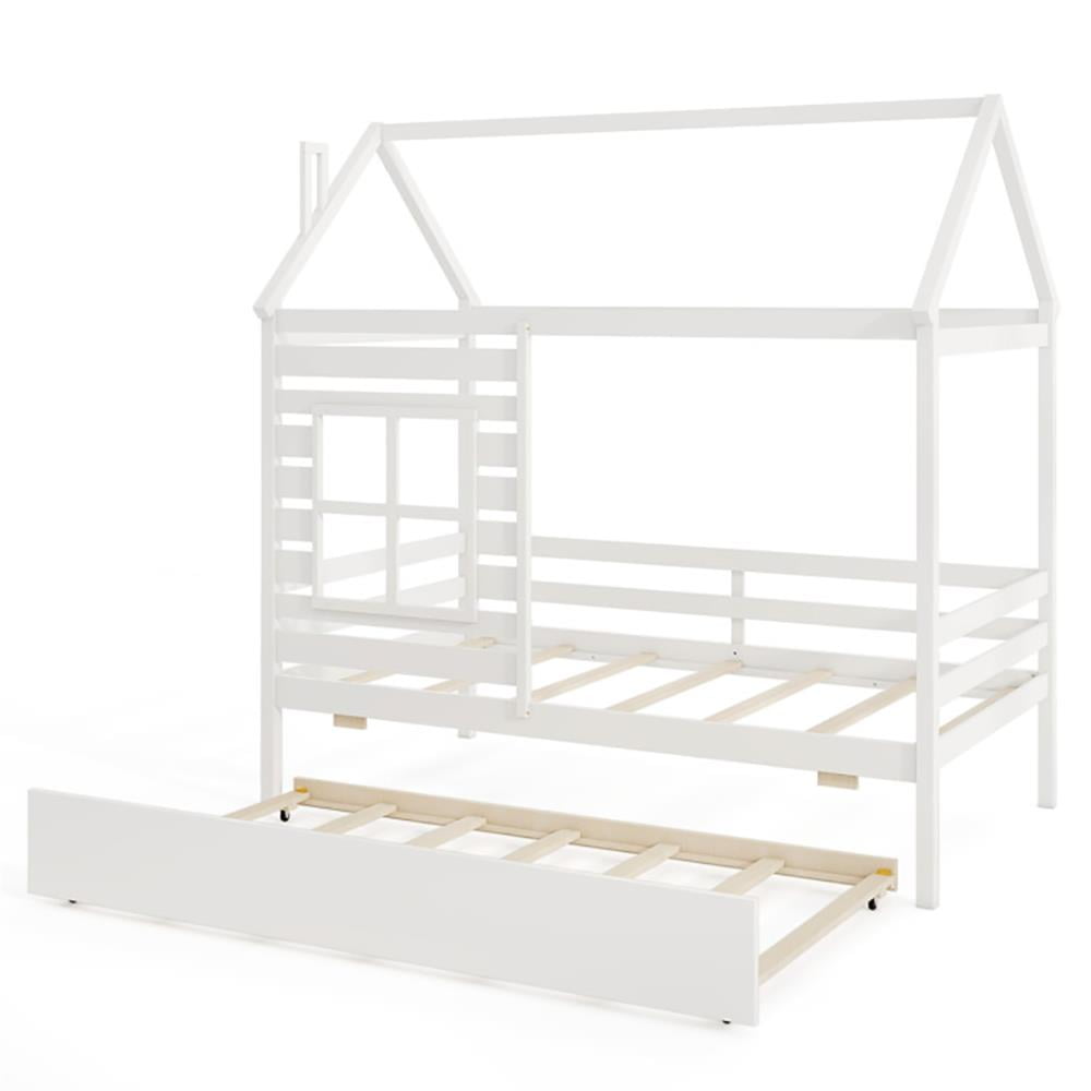 Kepooman Twin Size Wooden Platform House Bed with Trundle and Roof ...