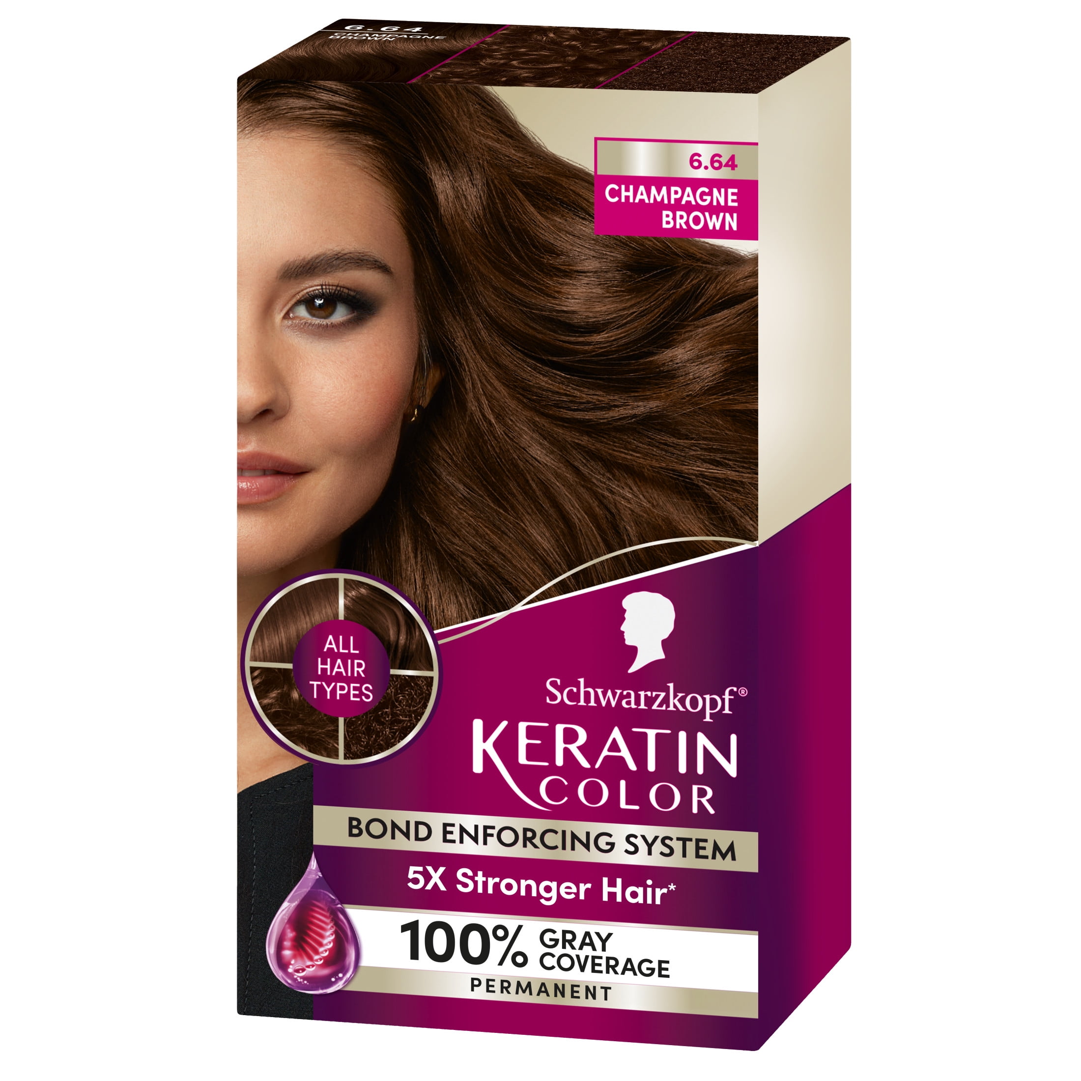 Schwarzkopf Keratin Hair Dye 6.64 Champagne Brown, Permanent Hair Color ...