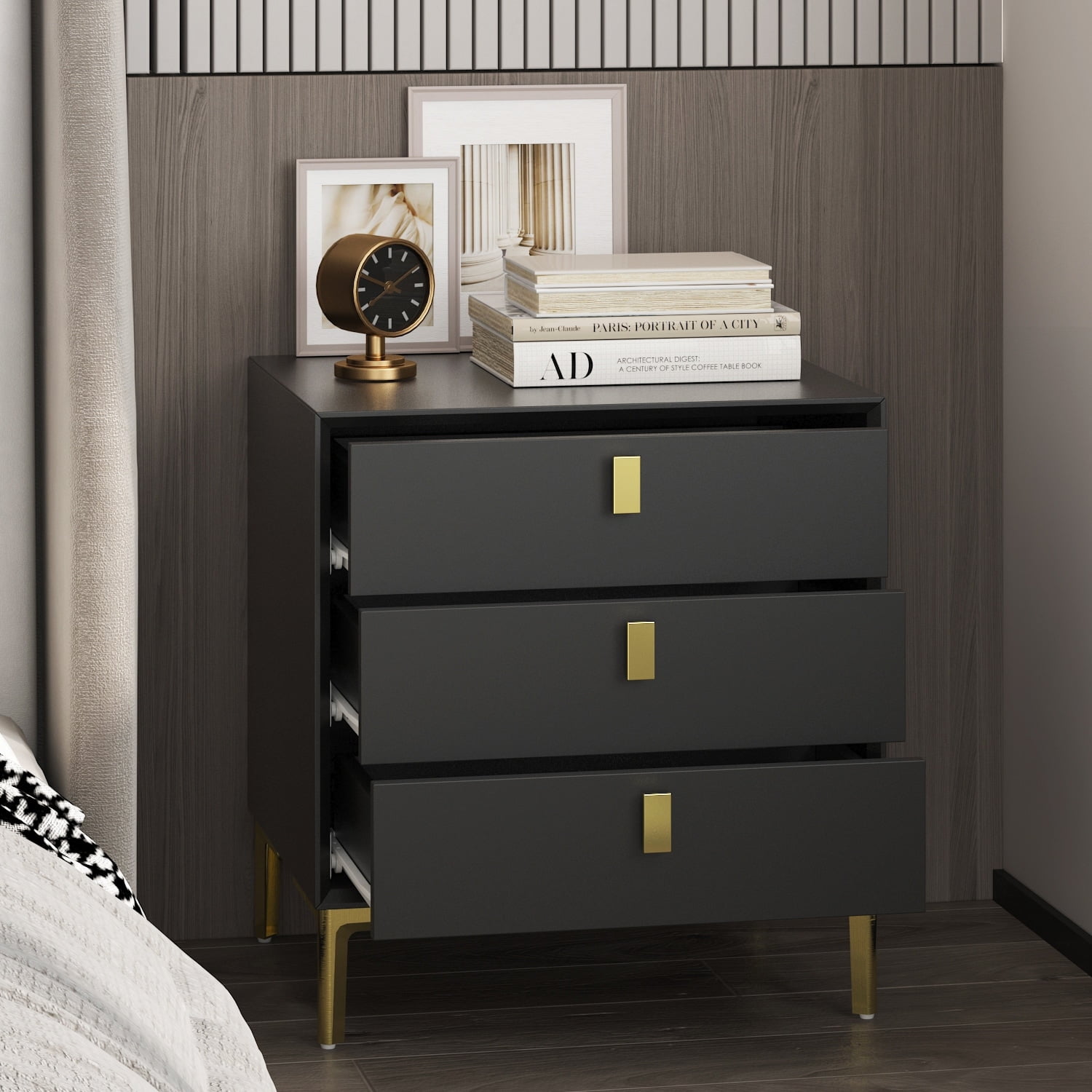 Kerrogee Black/White Bevelled Three-Drawer Bedside Table Black ...