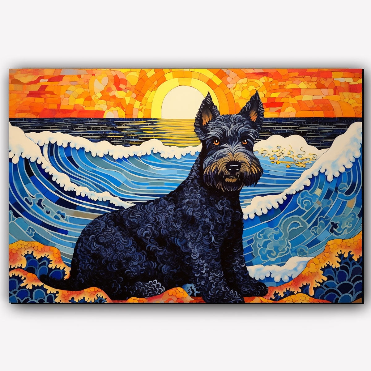 Kerry Blue Terrier Canvas Wall Art - Artistic Dog Illustration on Great Wave, Ocean Sea Style ...