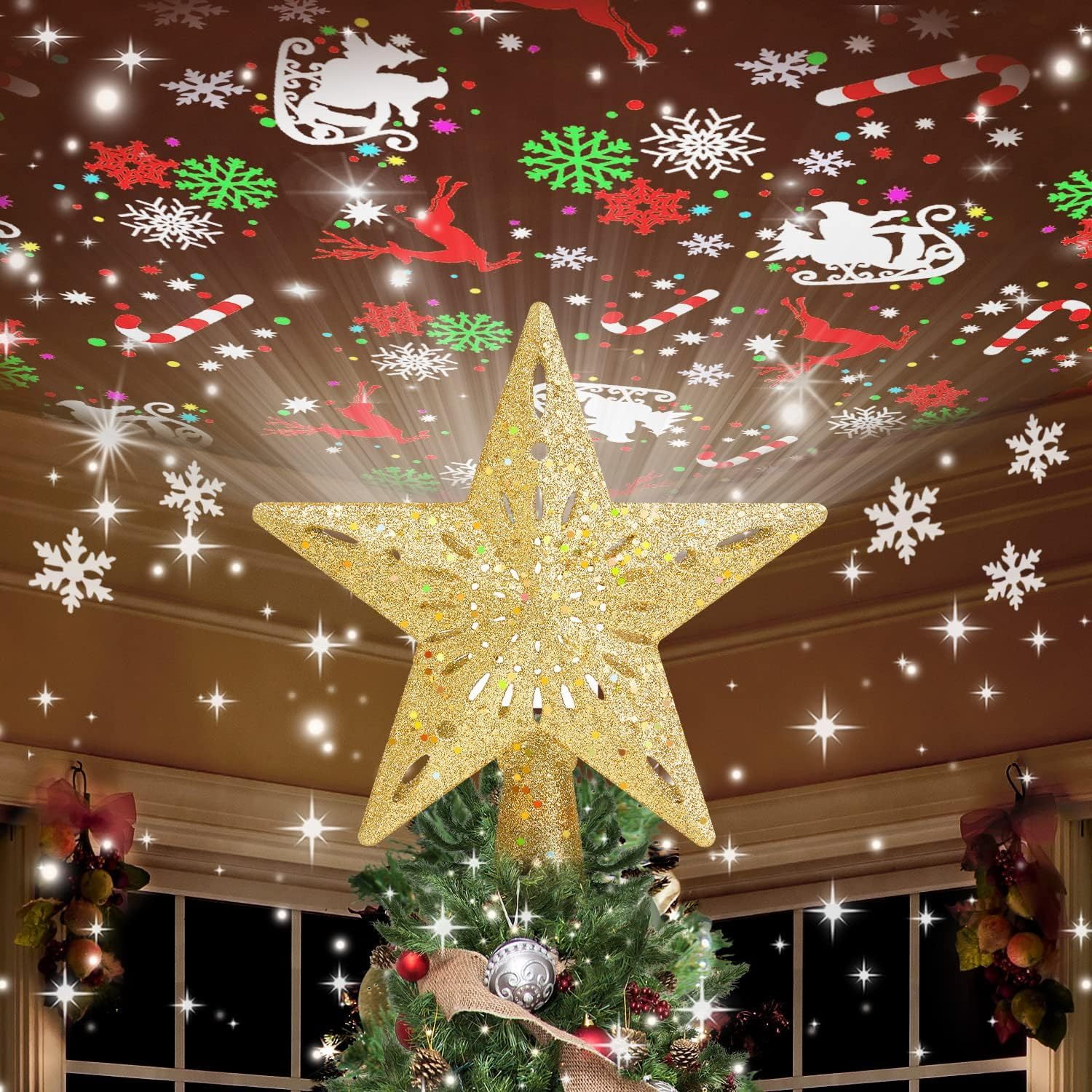 Kesfitt Christmas Tree Topper Star Lighted with 6 Projection Modes ...