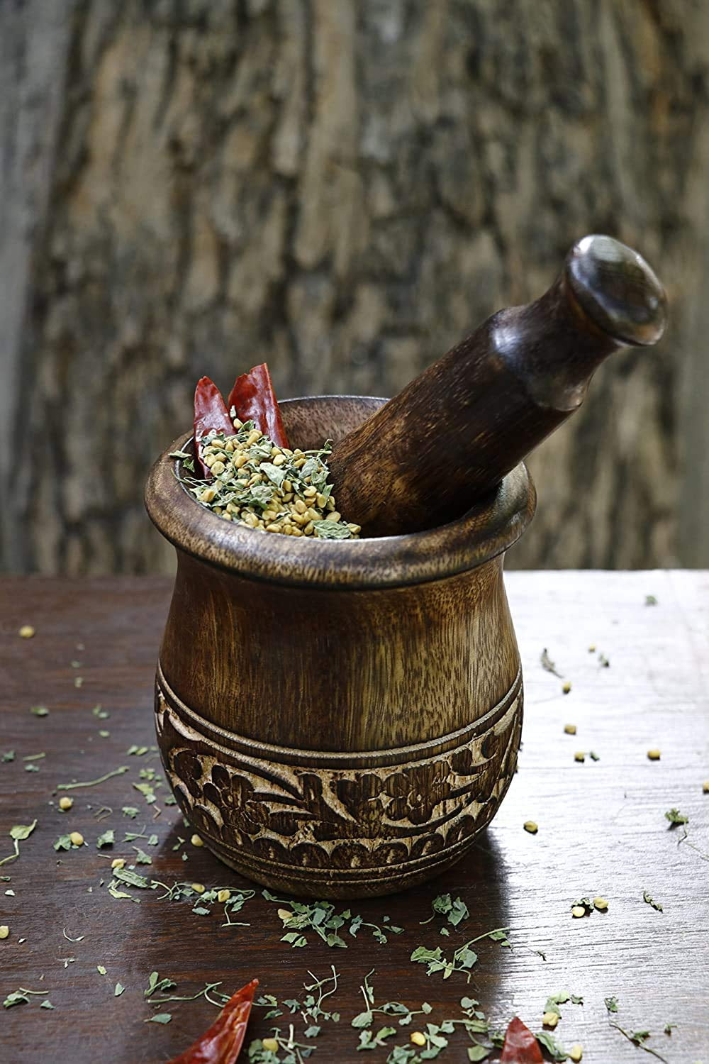 Kesha Spree Wooden Carved Mortar and Pestle Grinder for Herbs Spices ...