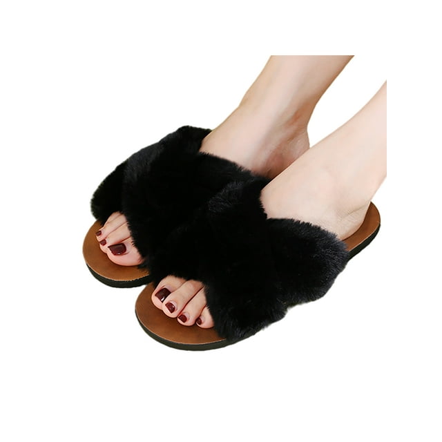 Kesitin Fuzzy Slippers Women Cross Band Fluffy Soft Furry Cozy House ...