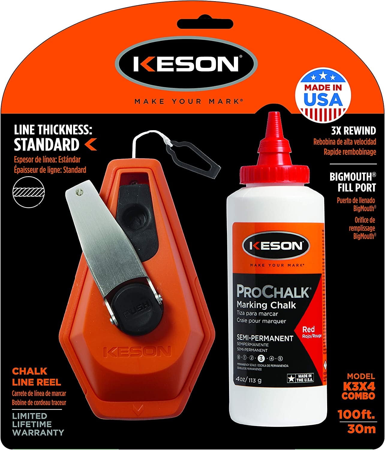 Keson K3X4R 3x1 Rewind Chalk Line Reel Combo with 4-Ounces of Red Chalk ...