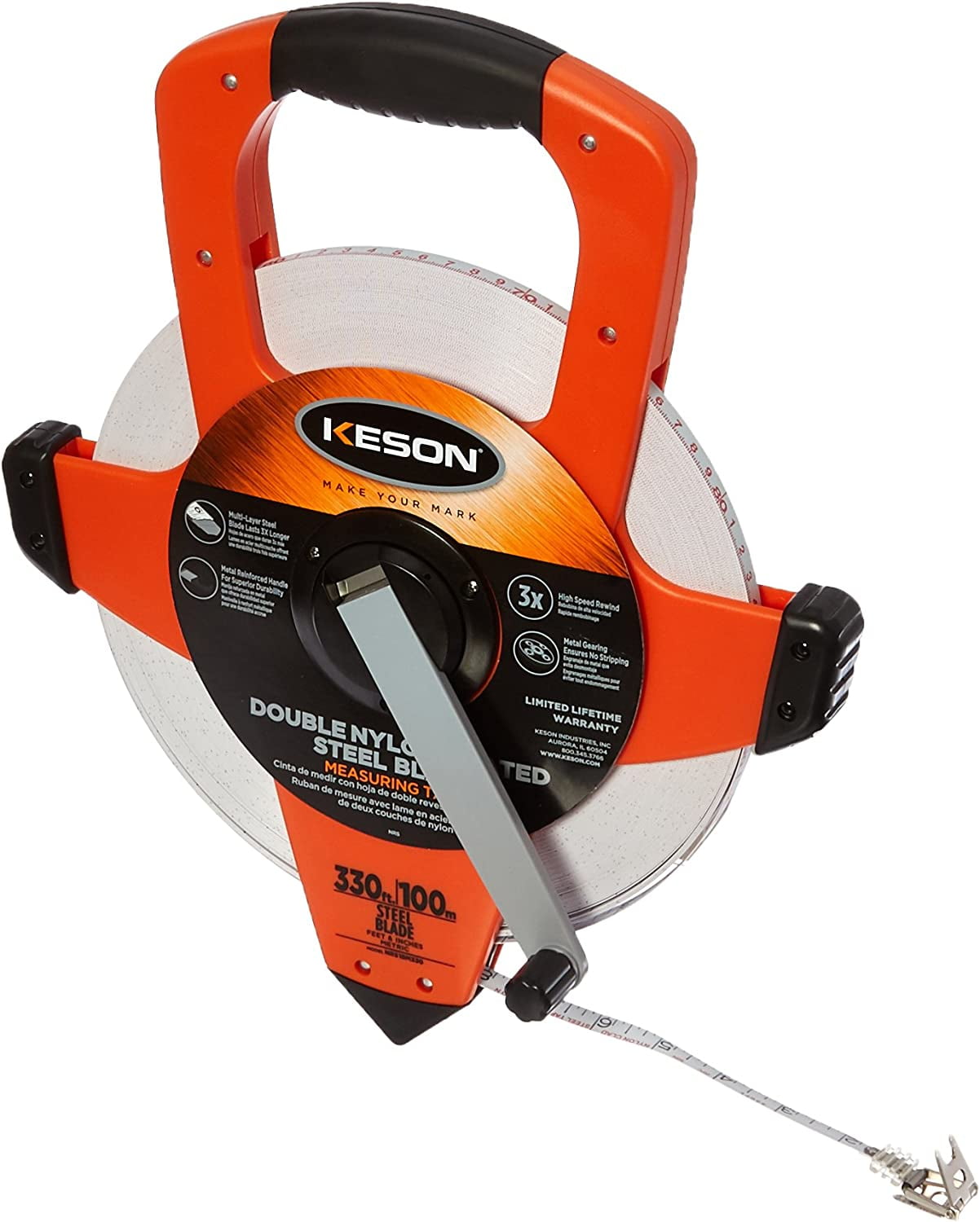 Keson NRS18M330 Nylon-Reinforced Steel Blade Tape Measure, Speed Rewind ...