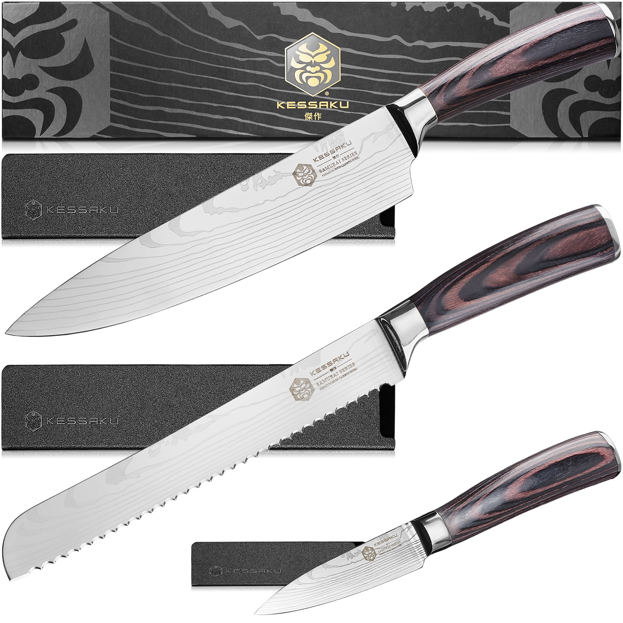 Kessaku 8-Inch Chef & 8-Inch Serrated Bread & 3.5-Inch Paring Knife Set ...