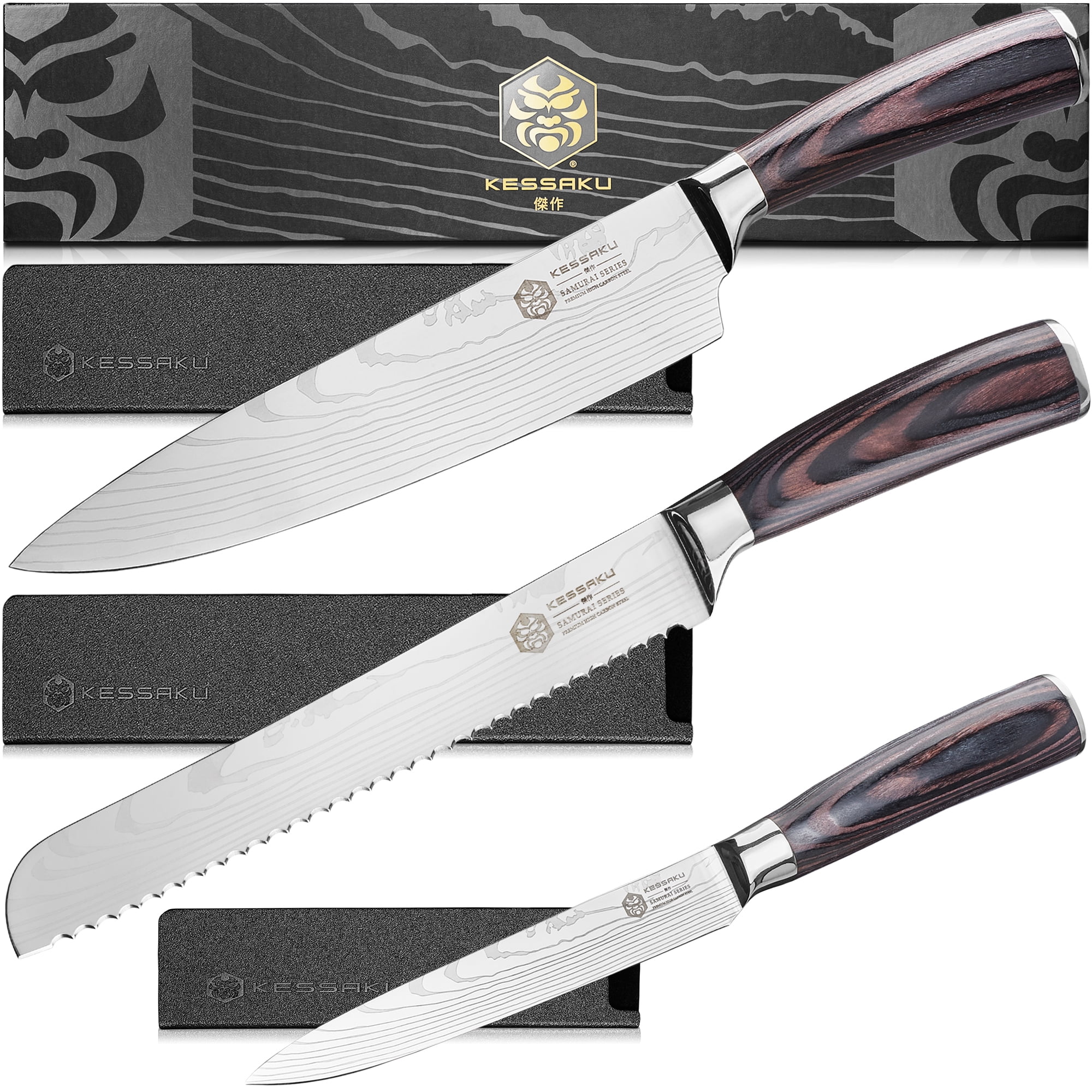 Kessaku 8-Inch Chef & 8-Inch Serrated Bread & 5.5-Inch Utility Knife ...