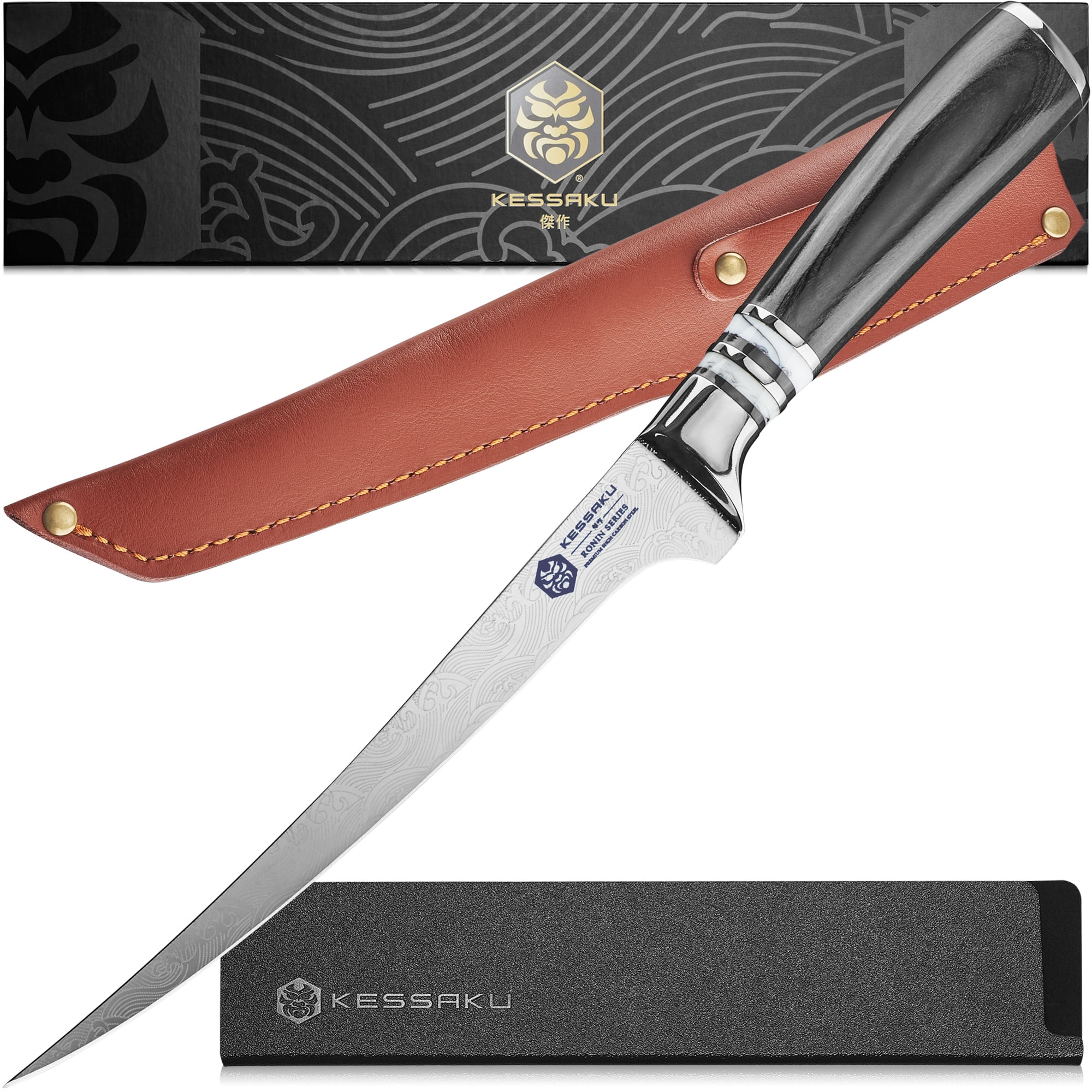 Kessaku Fillet Knife and Leather Sheath with Belt Loop - 7 inch - Ronin ...