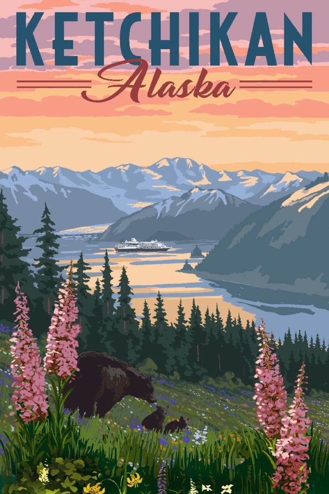 Ketchikan, Alaska, Inside Passage, Bear and Spring Flowers (16x24 ...
