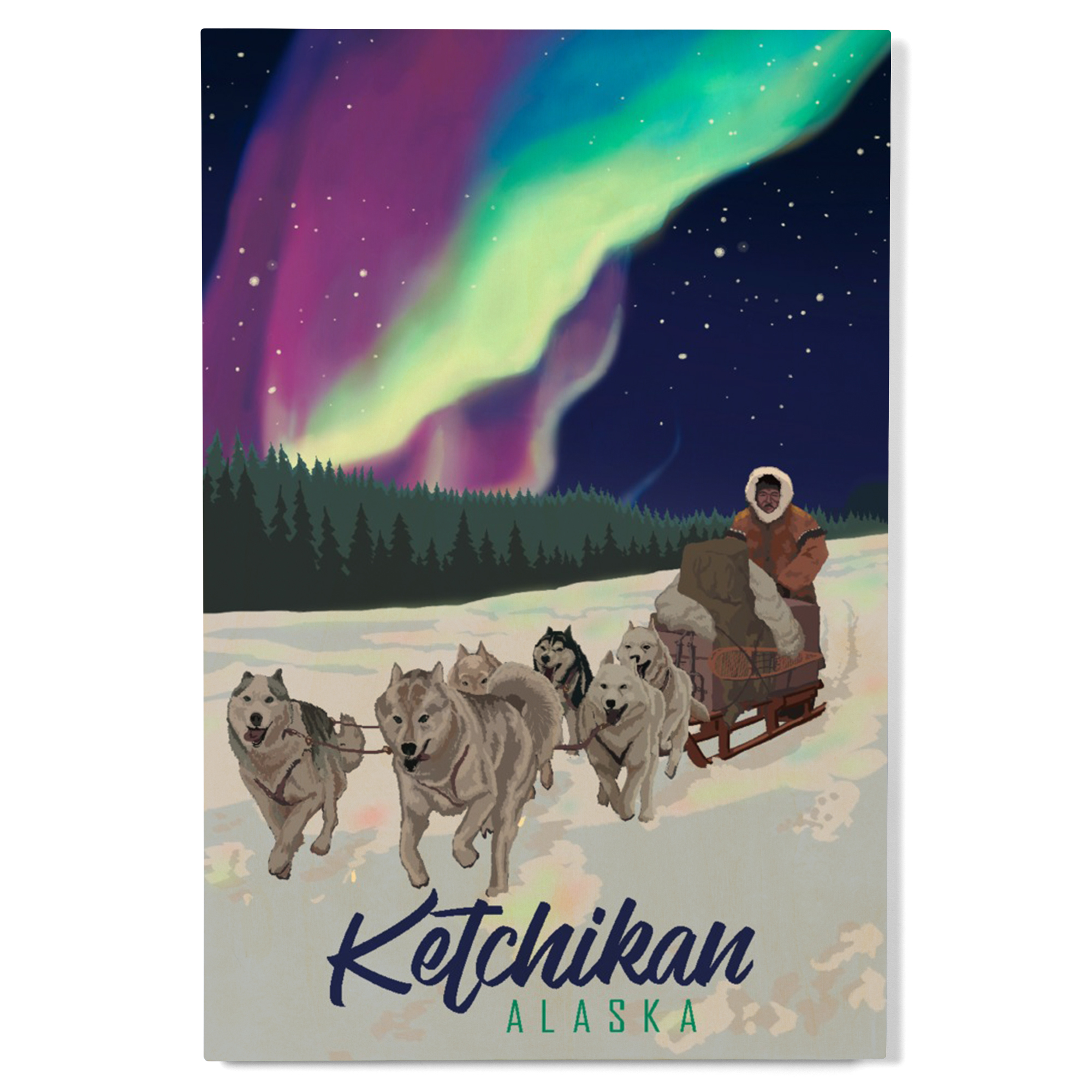 Ketchikan, Alaska, Northern Lights, Dog Sled Birch Wood Wall Sign ...