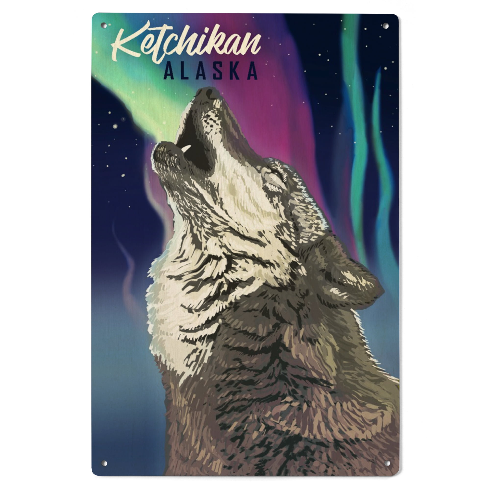 Ketchikan, Alaska, Northern Lights, Wolf Birch Wood Wall Sign (6x9 ...