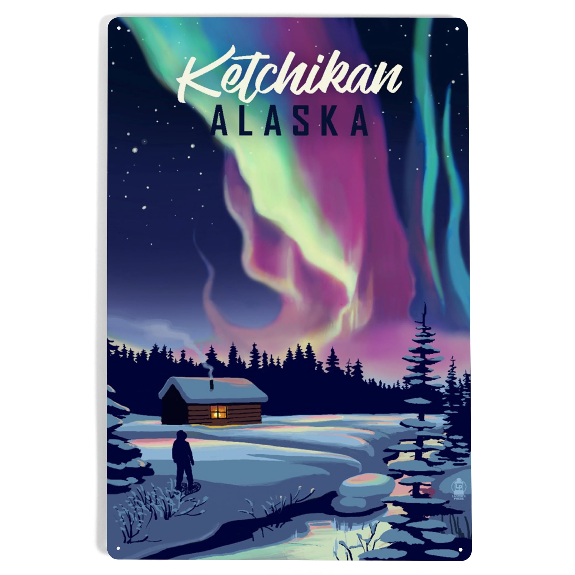 Ketchikan, Alaska, Northern Lights and Cabin (12x18 Aluminum Art ...
