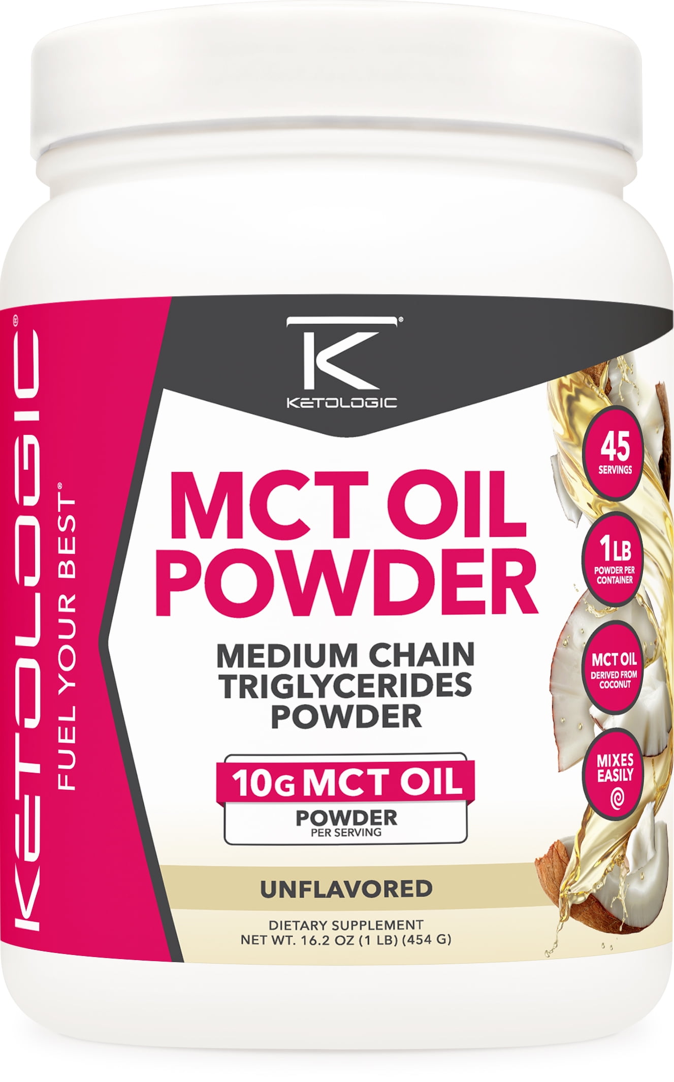 Ketologic MCT Oil Powder (1 LB) (Unflavored) (45 Servings) - Medium Chain Triglycerides Powder ...