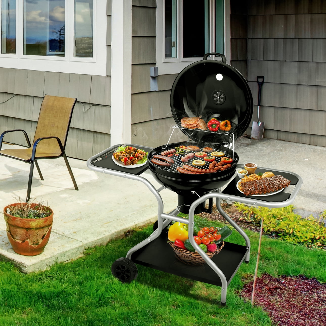 Kettle Charcoal Grill, Porcelain Enamel Body and Lid, 2 Side Tables ...