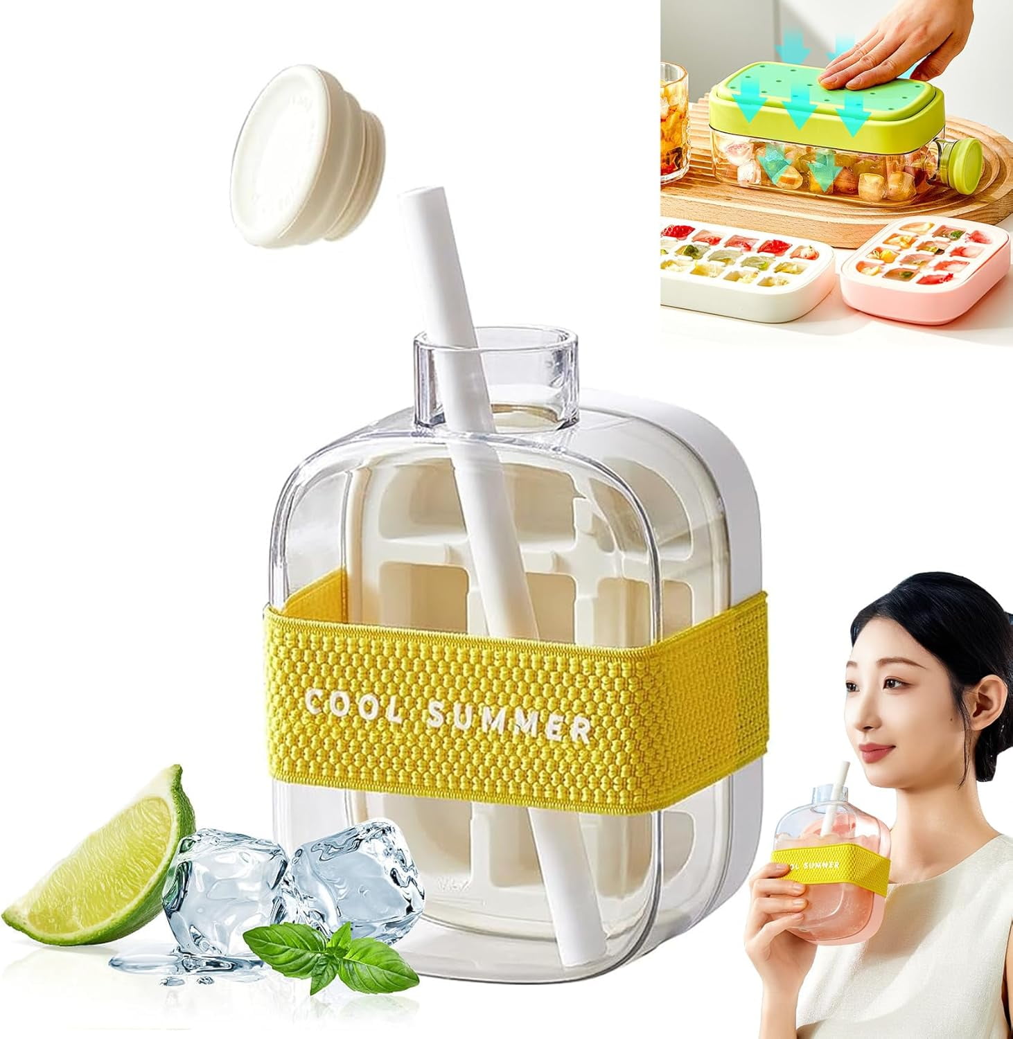 Kettle-Shaped Press Ice Tray, 2-in-1 Touch-Free Water Bottle Ice Cube ...