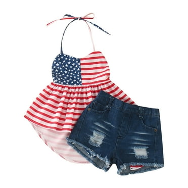 OAVQHLG3B 4th of July Baby Girl Outfits Summer Independence Day American Flag Top + Edge Denim ...