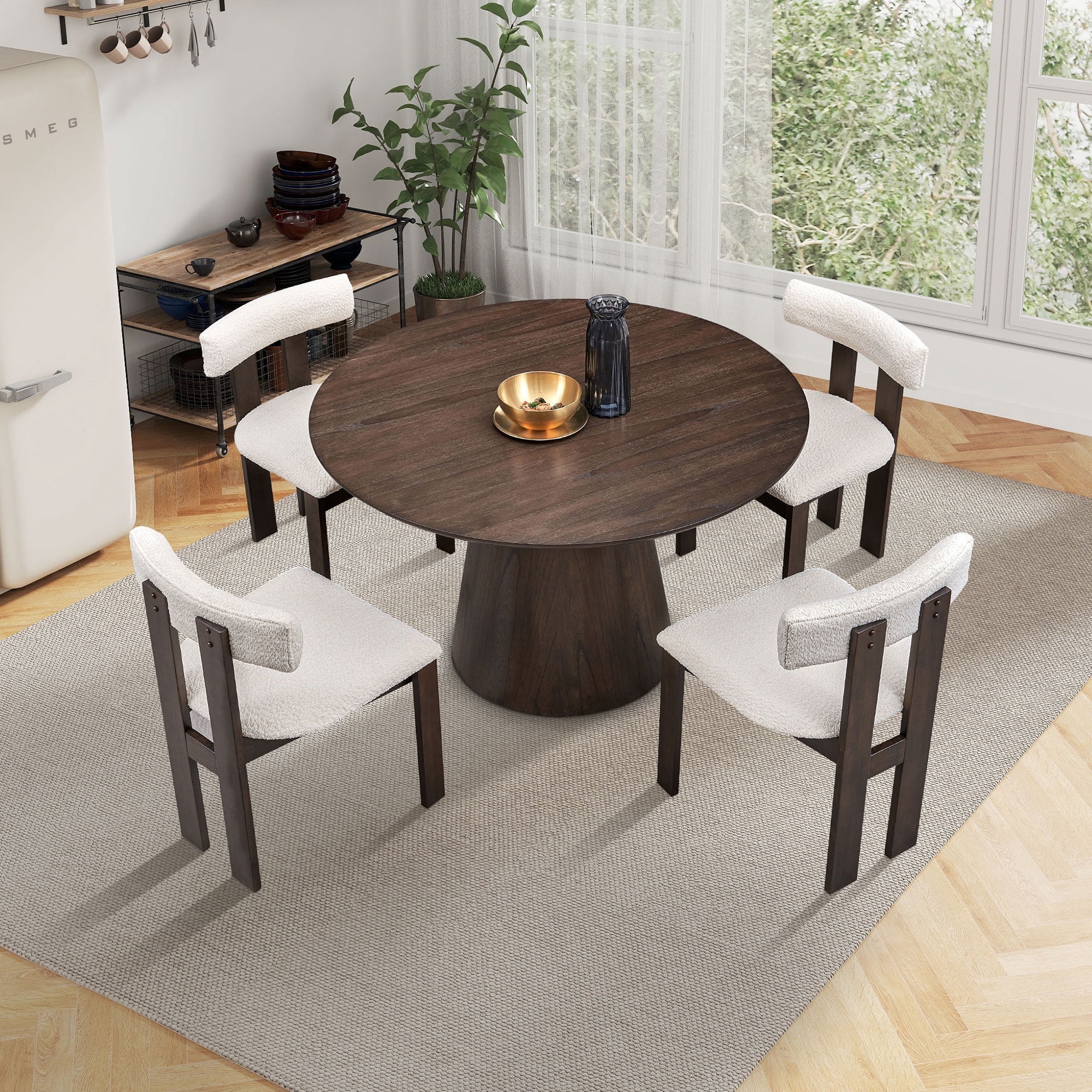 Kevinplus Wooden Modern Round Dining Table with 4 Boucle Upholstered ...