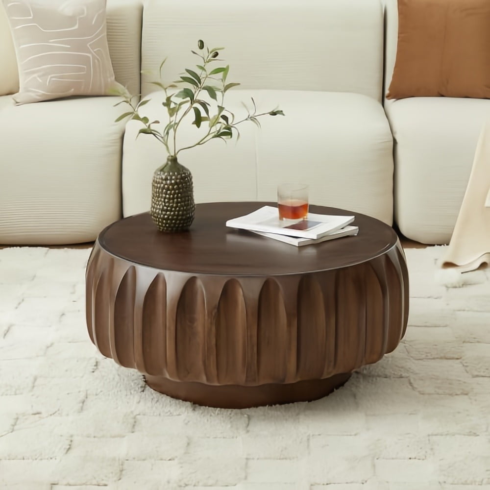 Kevinplus 31.5" Round Solid Wood Coffee Table with Sculptural Design ...