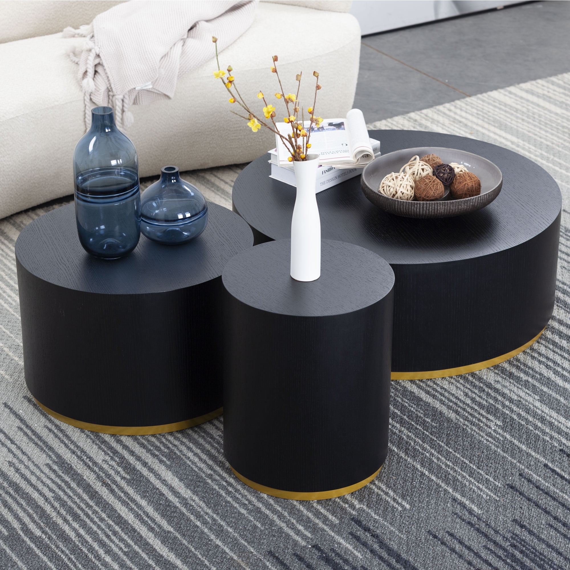 Kevinplus Set of Three Black Coffee Tables with Gold Rim, Round Wood ...