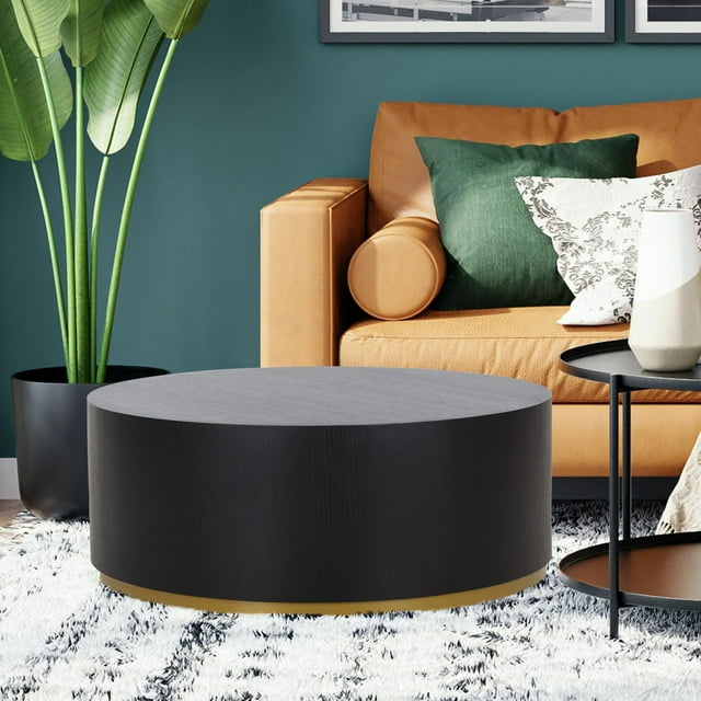 Kevinplus Black Coffee Table with Gold Rim Bottom End Table Round Wood ...