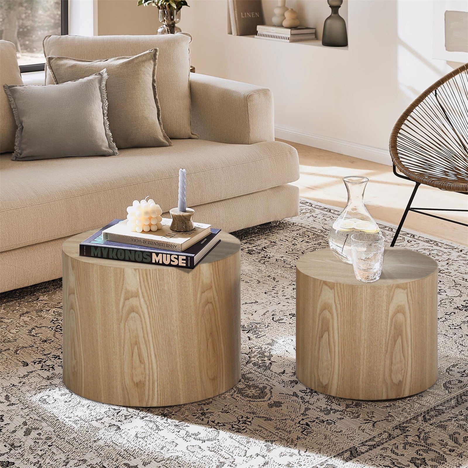 Kevinplus Round Wooden Coffee Table Set, Modern Side Tables, Oak Wood ...