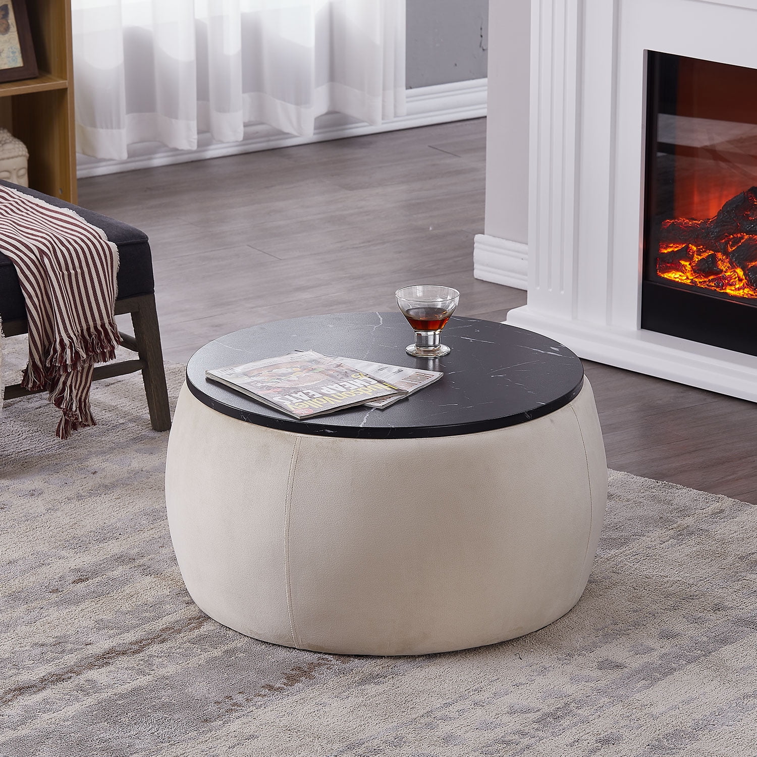 Kevinplus Round Storage Ottoman with Wooden Lid,Circle Ottoman Handmade ...