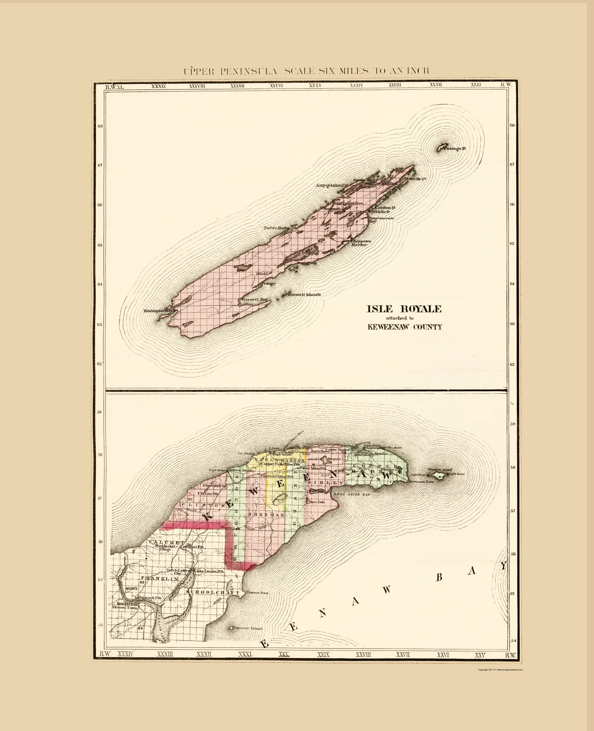Historic County Map - Keweenaw Isle Royale Counties Michigan - Walling ...