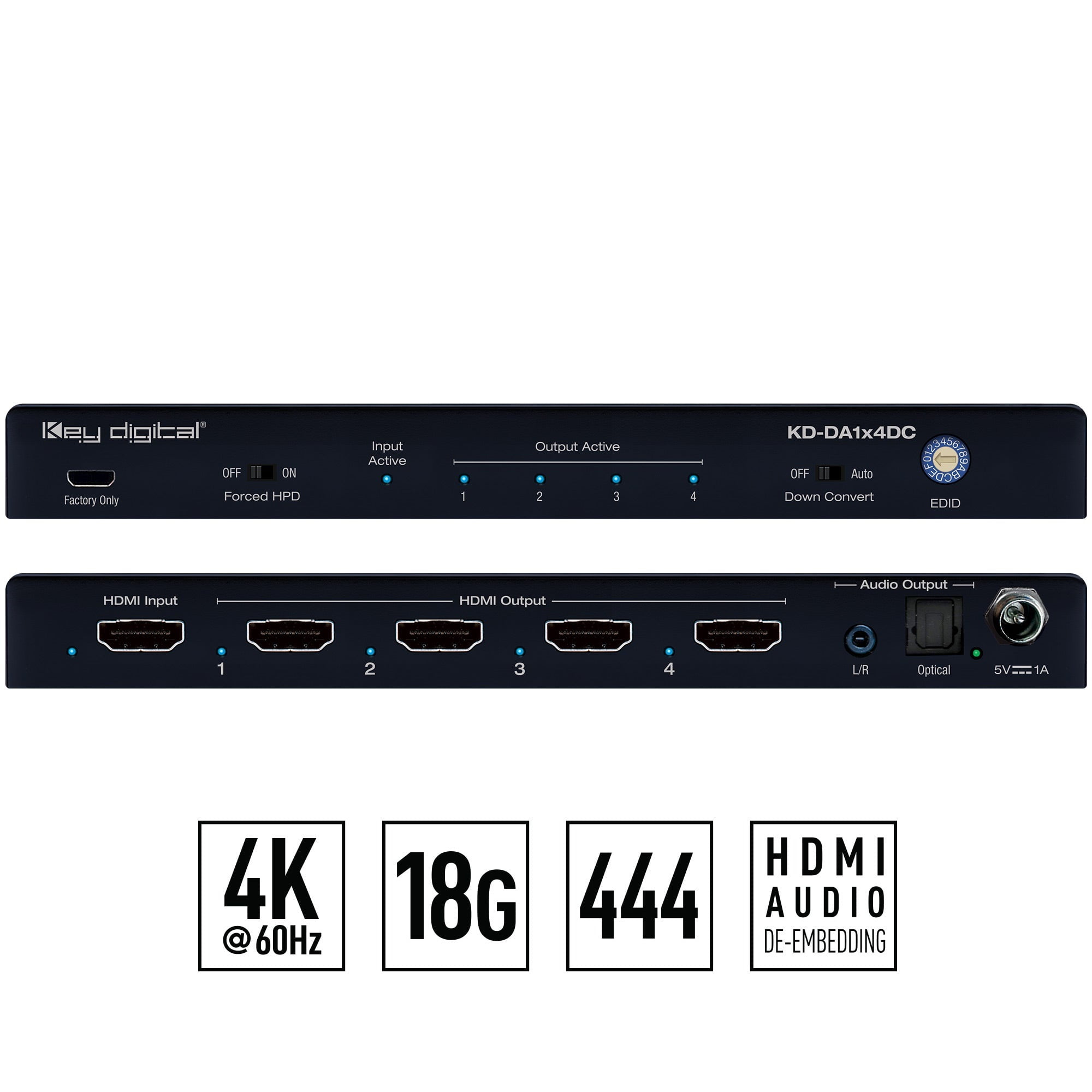 Key Digital 4K 4 Output HDMI Splitter Distribution Amp with Audio De ...