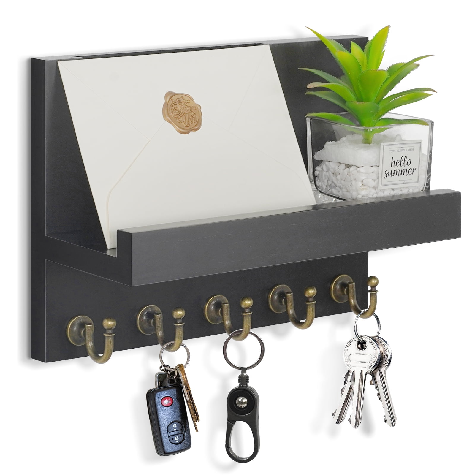 HONJIN Wall Mount key Hanger, Letter Decorative, with Shelves, 5-Hook ...