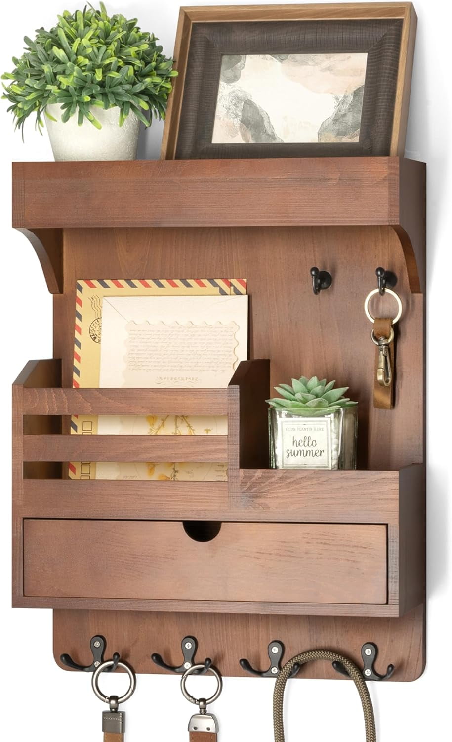 Key Holder Wall Mount with Drawer Organizer – Pine Wooden Mail and Key ...