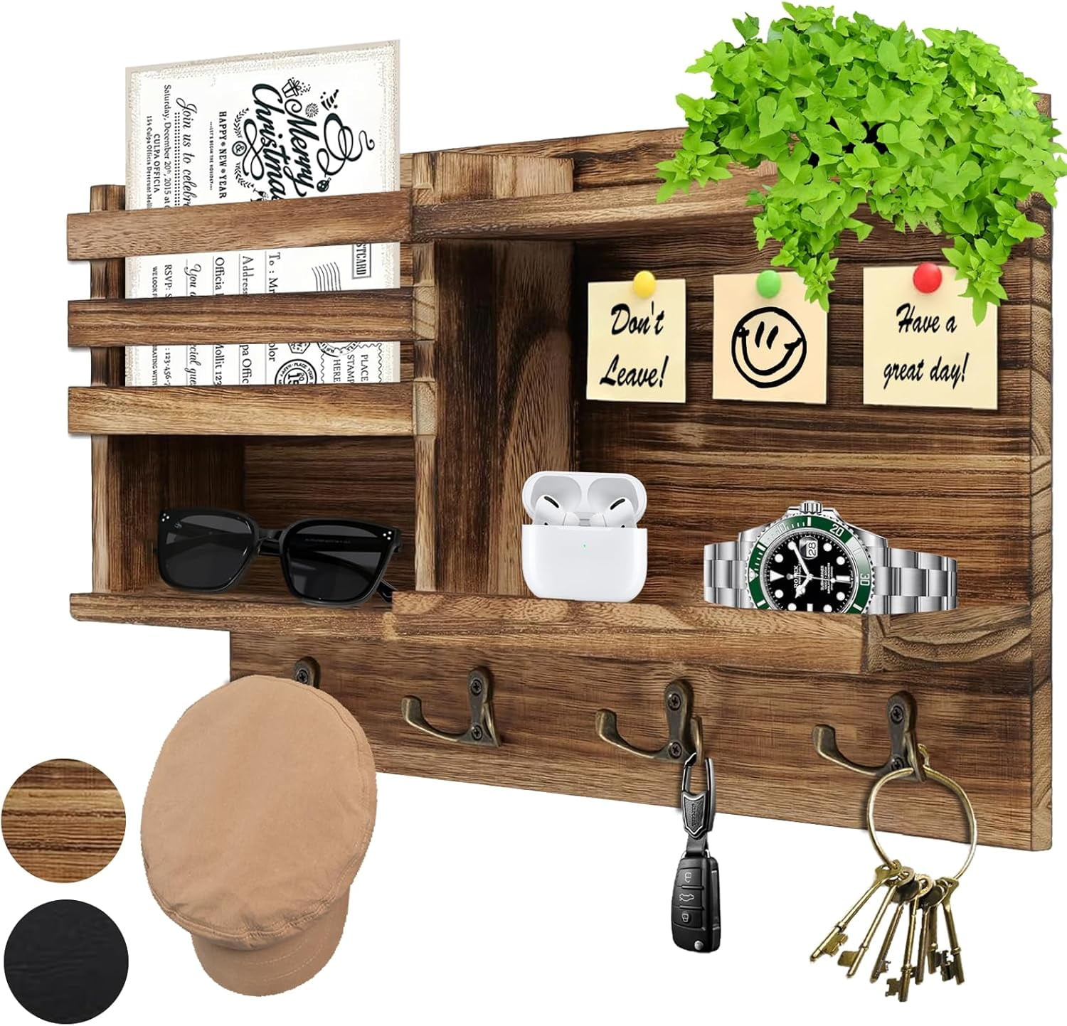 Key Holder Wall Mount with Mail Organizer - Solid Wood Wall Mount Key ...